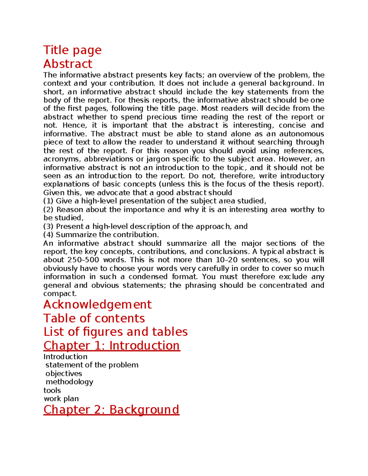 MIS Project structure II - Title page Abstract The informative abstract ...