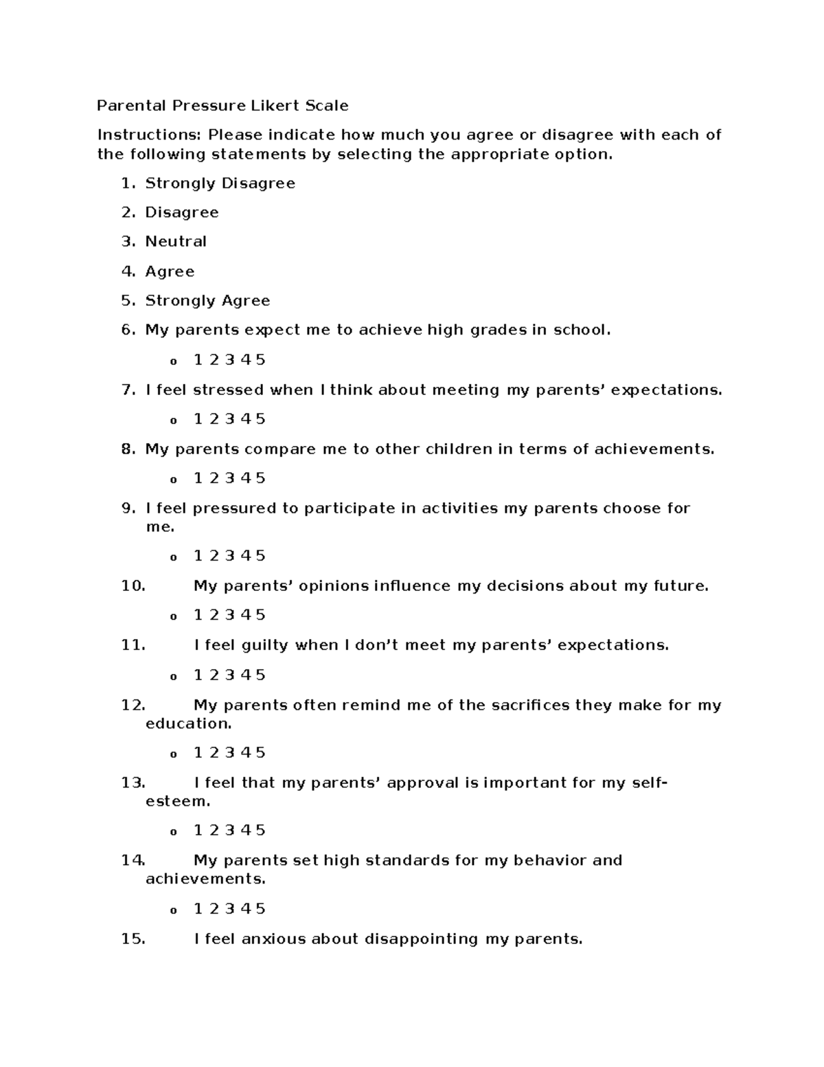 Parental - Lecture - Parental Pressure Likert Scale Instructions ...
