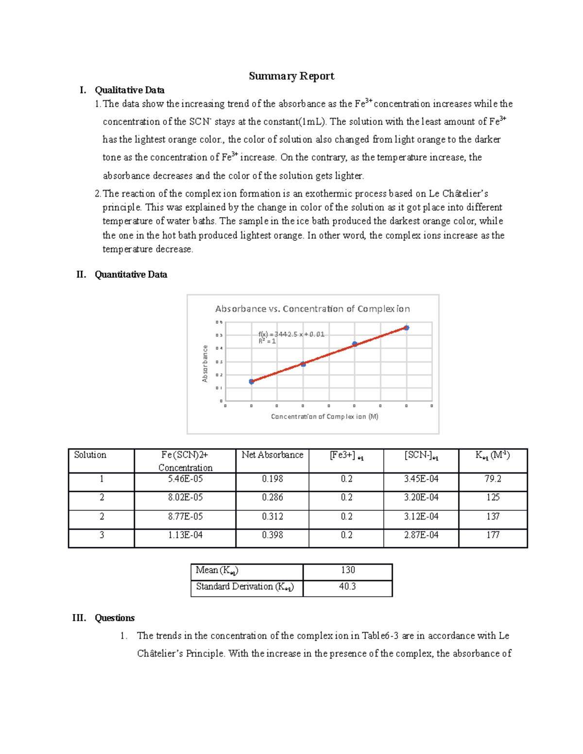 chemlab3for major - Summary Report I. Qualitative Data 1 data show the ...