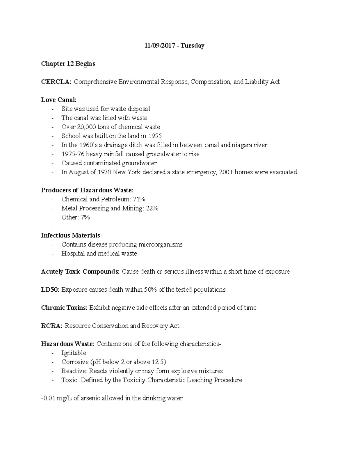 Section 3 Class Notes - 11/09/2017 - Tuesday Chapter 12 Begins CERCLA ...