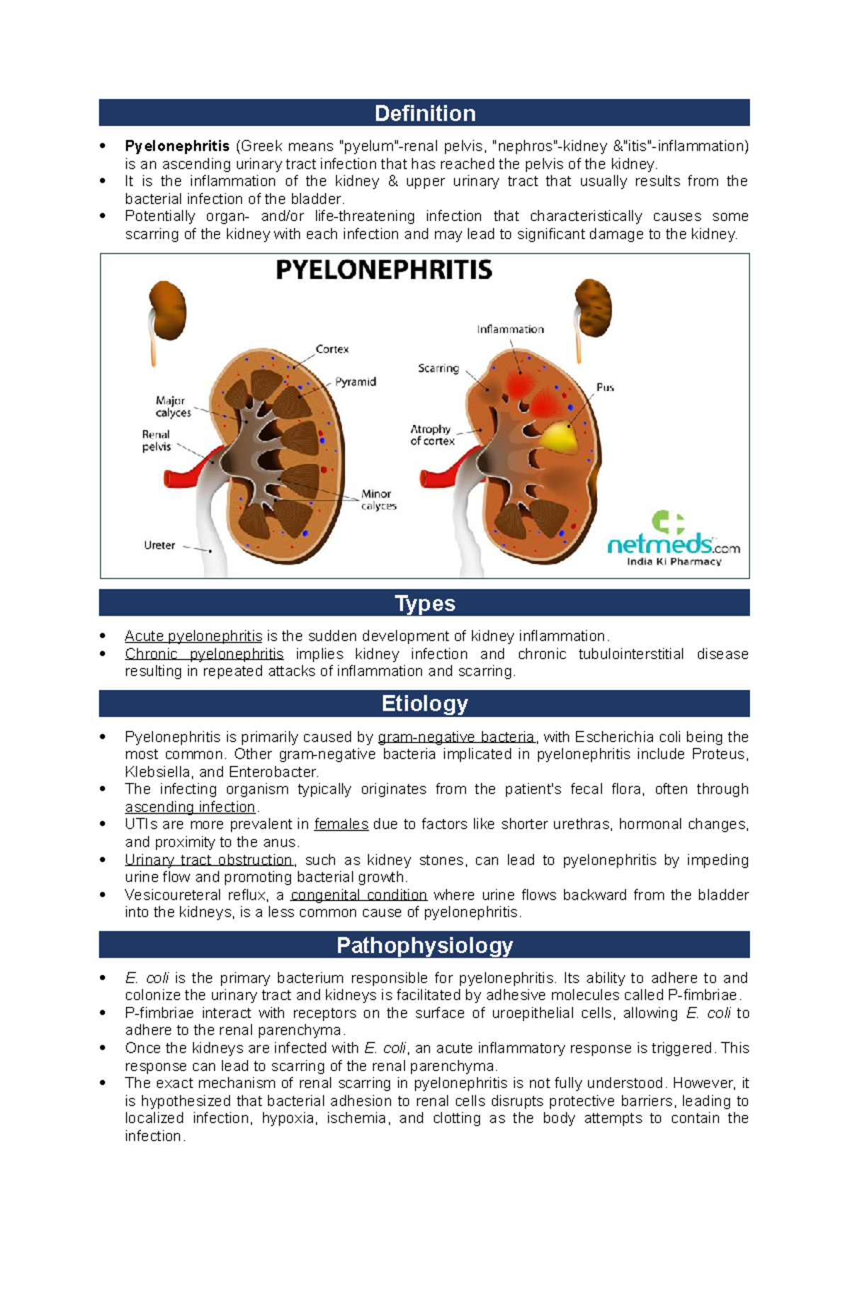 Pyelonephritis - It is the inflammation of the kidney & upper urinary ...