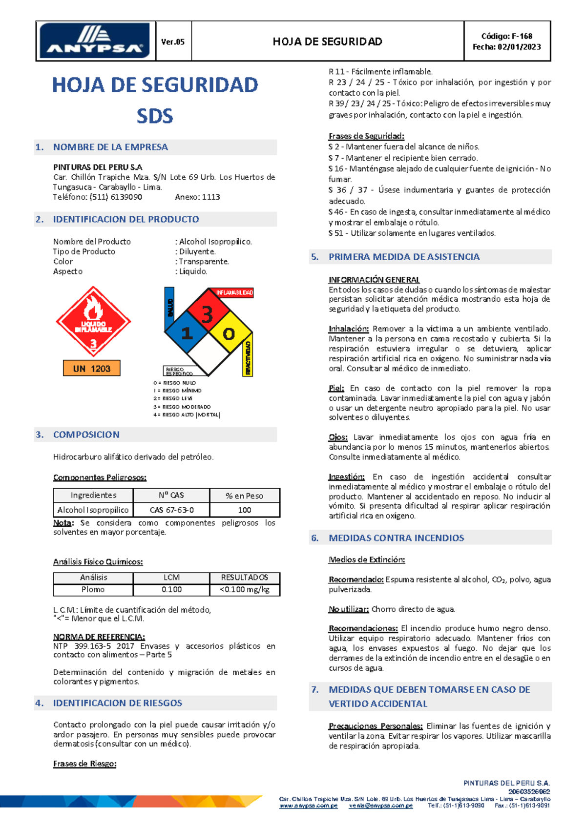 IPA - HOJAS MSDS-ALCOHOL ISOPROPILICO - Ver 5 HOJA DE SEGURIDAD Código: F- 168 Fecha: 02 / 01 ...