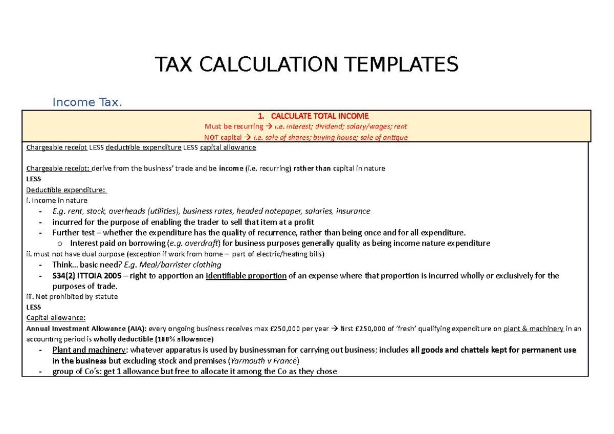 Tax templates - TAX CALCULATION TEMPLATES Income Tax. 1. CALCULATE ...