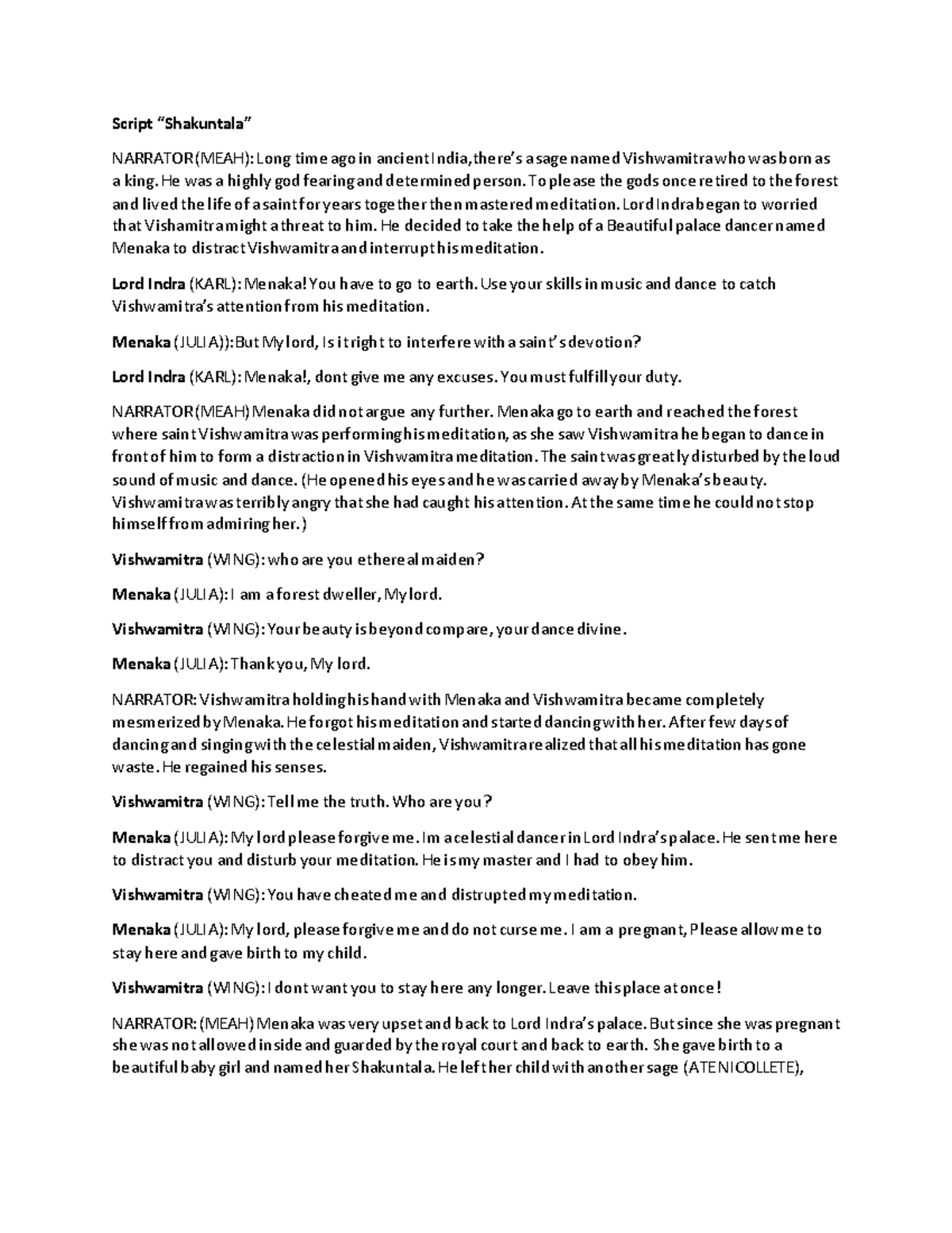 Script- Shakuntala - Summary Bacherlor of Secondary Education - Script ...