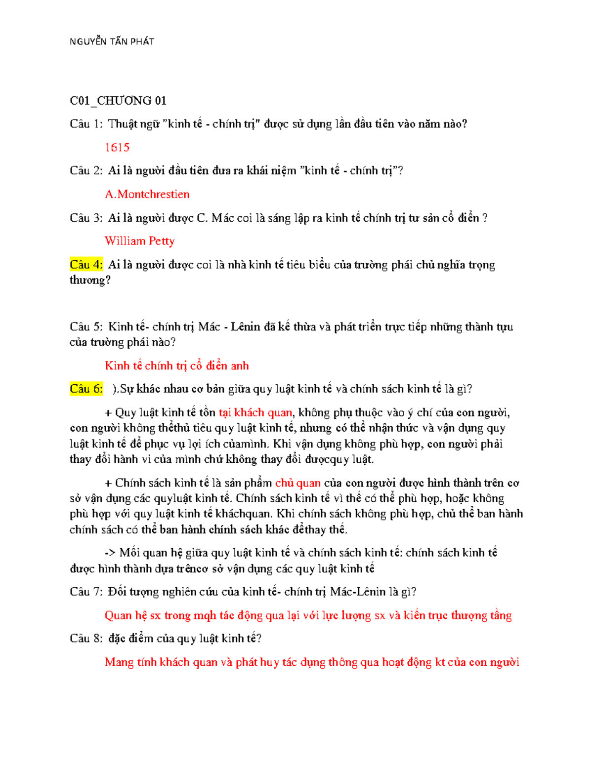THI KTCT - Trắc nghiệm kinnh tế chính trị - C01_CHƯƠNG 01 Câu 1: Thuật ...