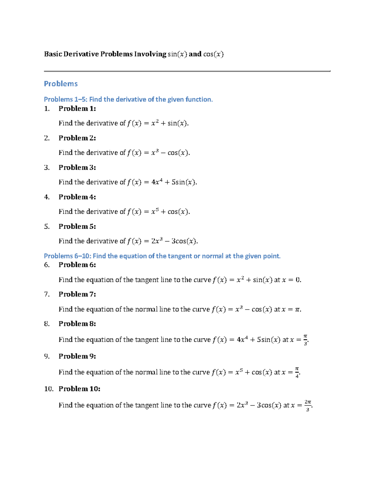 Derivatives Trig - Basic Derivative Problems Involving sin(𝑥) and cos(𝑥 ...