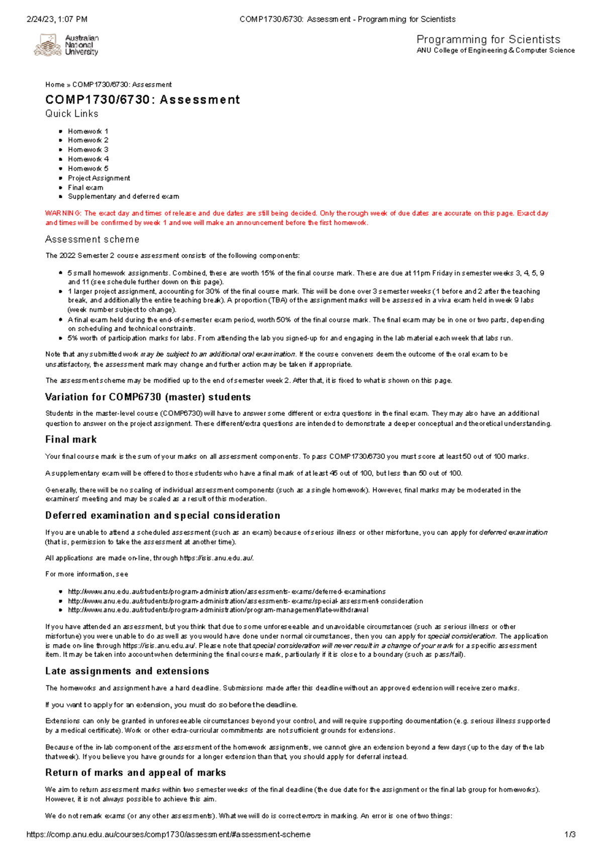 COMP1730 6730 Assessment - Programming for Scientists - - Studocu