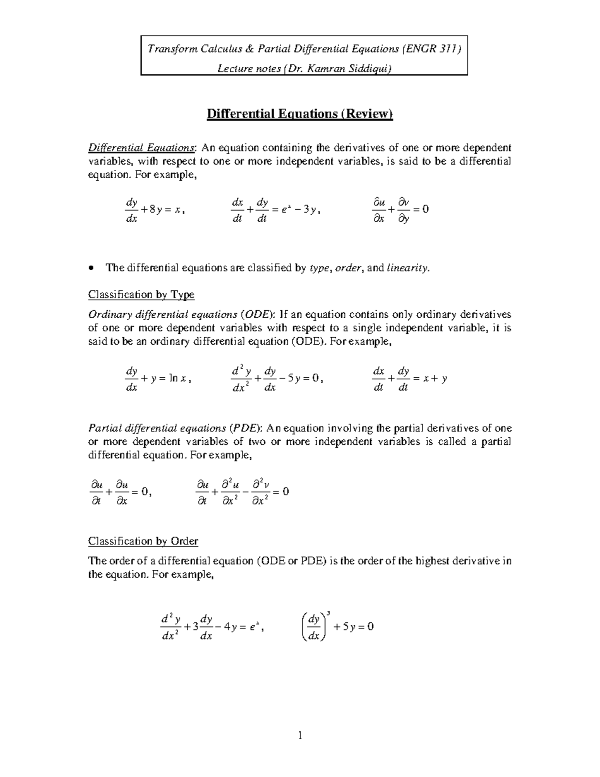 Differential Equations Review - Transform Calculus & Partial Differential Equations (ENGR 311 ...