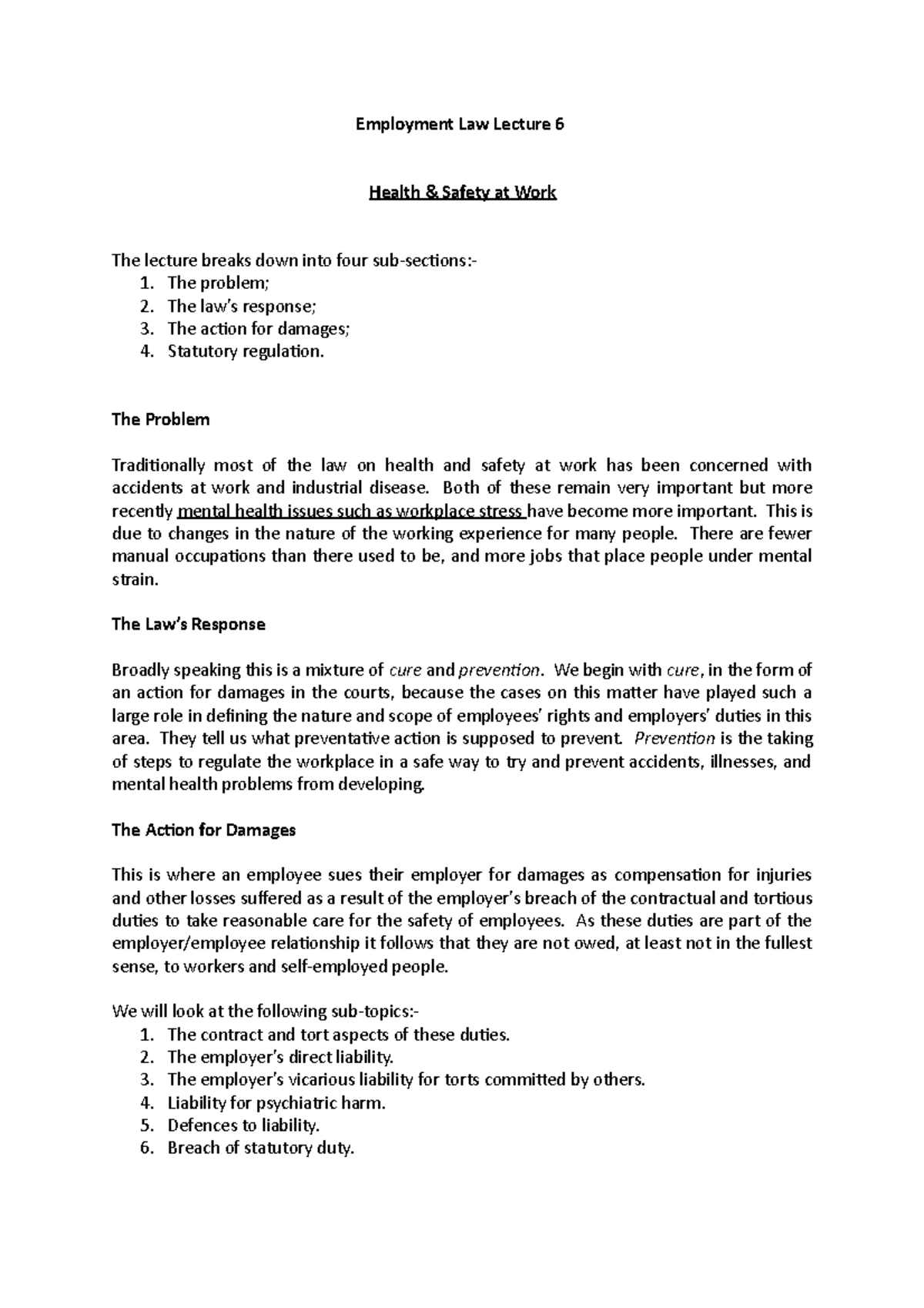 Health and Safety Notes - Employment Law Lecture 6 Health & Safety at ...