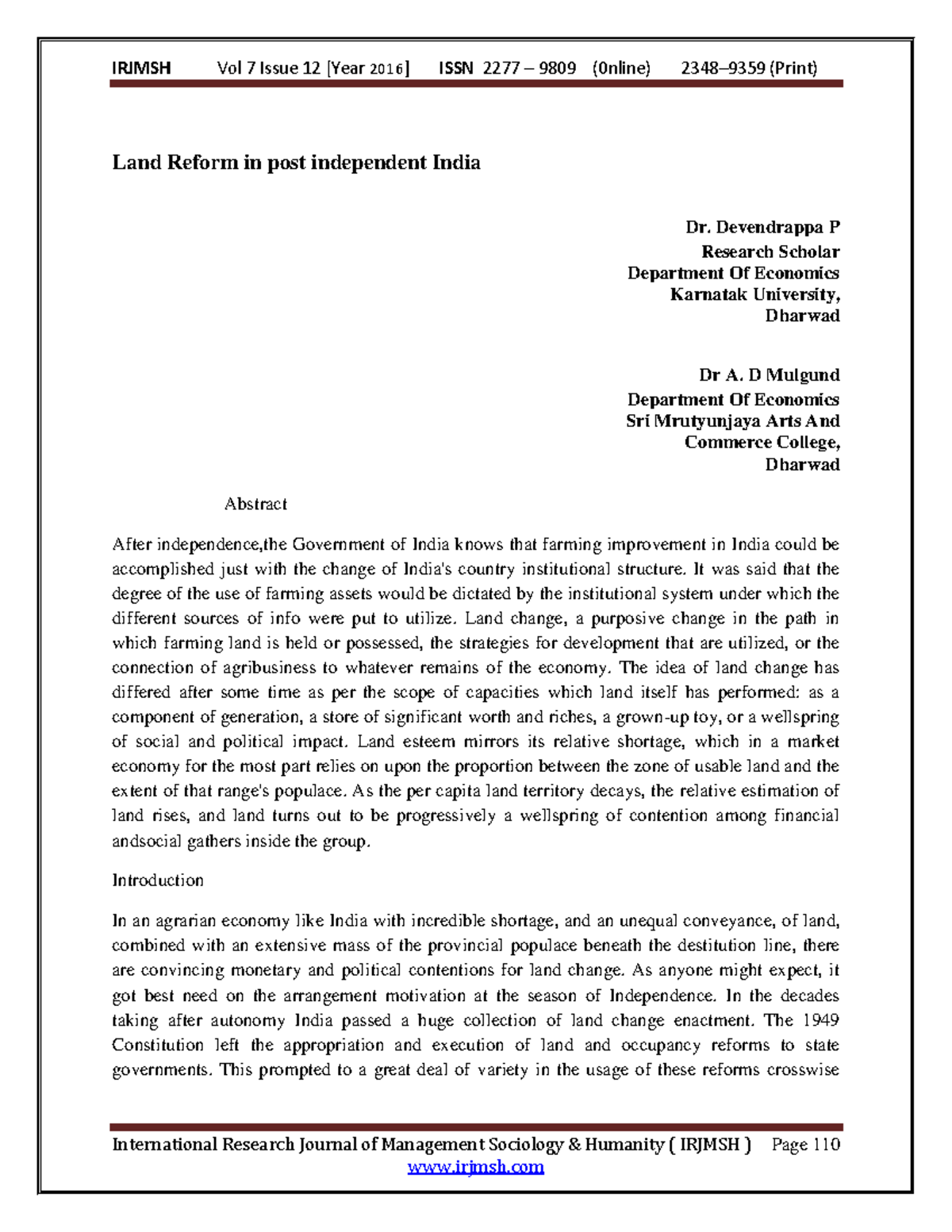 Land Reform in post independent India - Devendrappa P Research Scholar ...