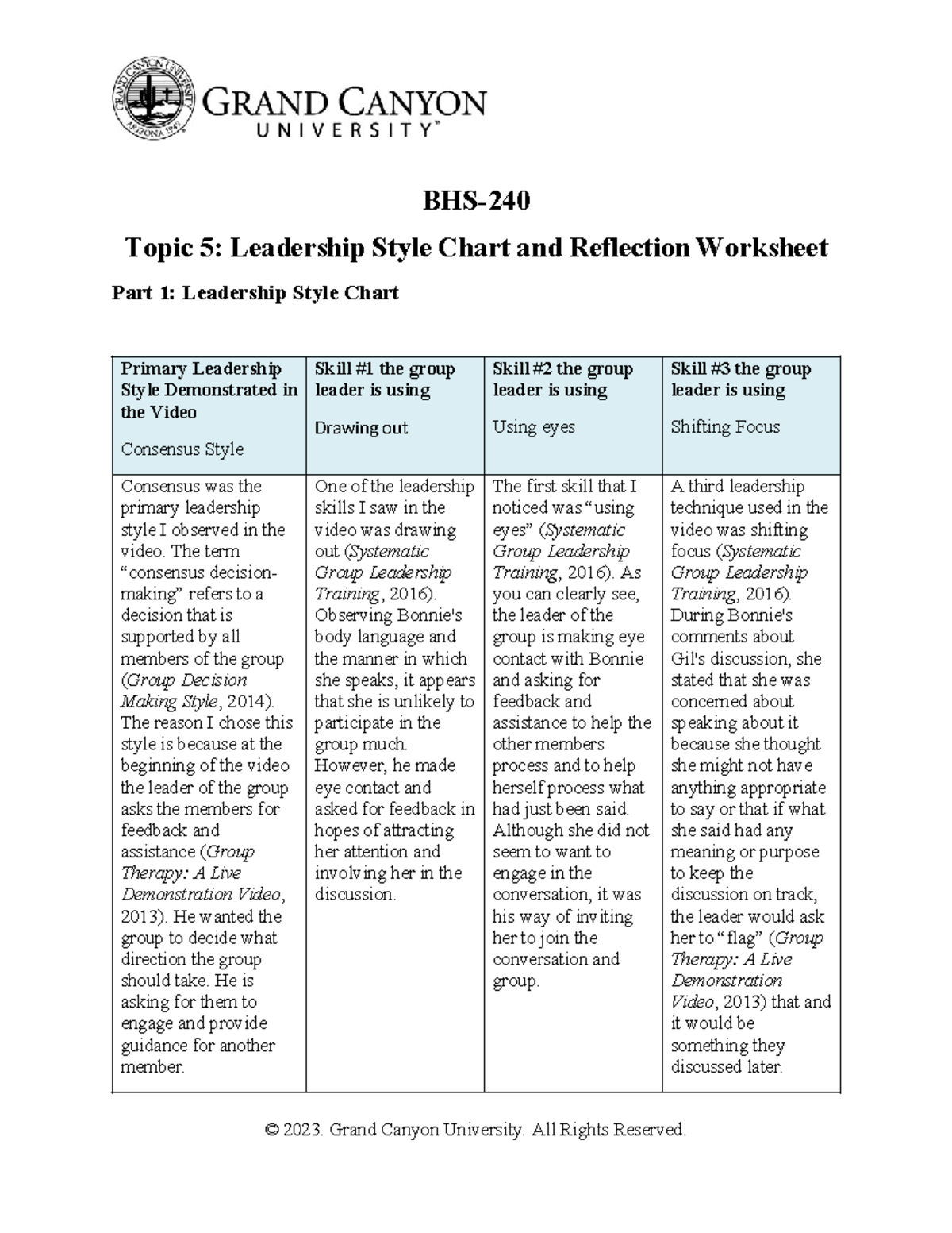 BHS-240-RS-T5.Leadership Style Chart Reflection Worksheet - BHS- Topic ...