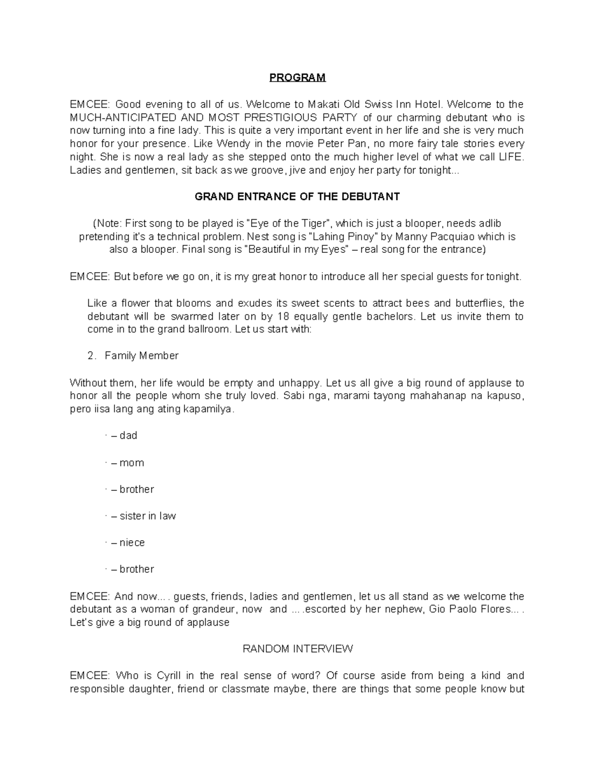 Debut-sample-script compress - PROGRAM EMCEE: Good evening to all of us ...