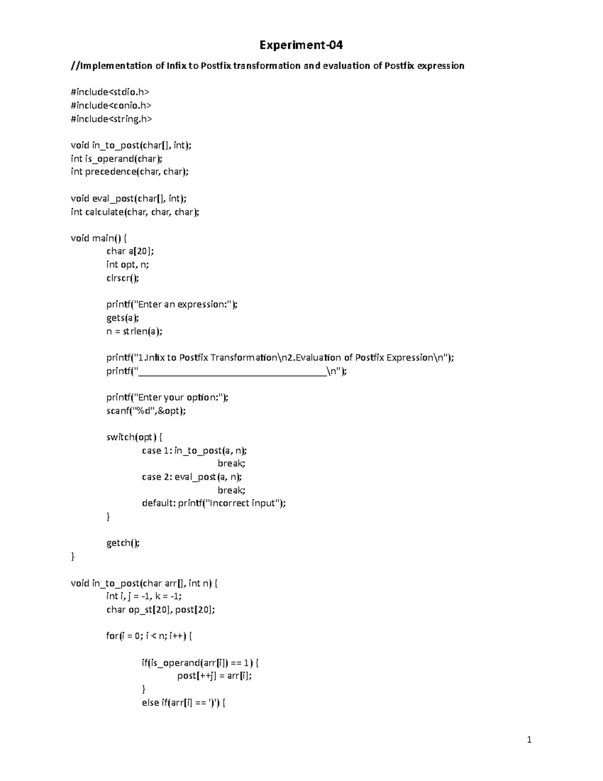 Infix to Postfix transformation and evaluation ( C Code) - Experiment ...