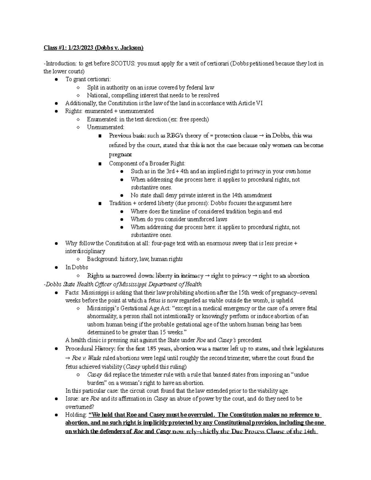 Conlaw class notes - Class #1: 1/23/2023 (Dobbs v. Jackson ...