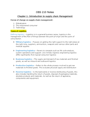 Chapter 9; Reverse Logistic OBS 210 - CHAPTER 9 REVERSE LOGISTIC Reverse logistics refers to the ...