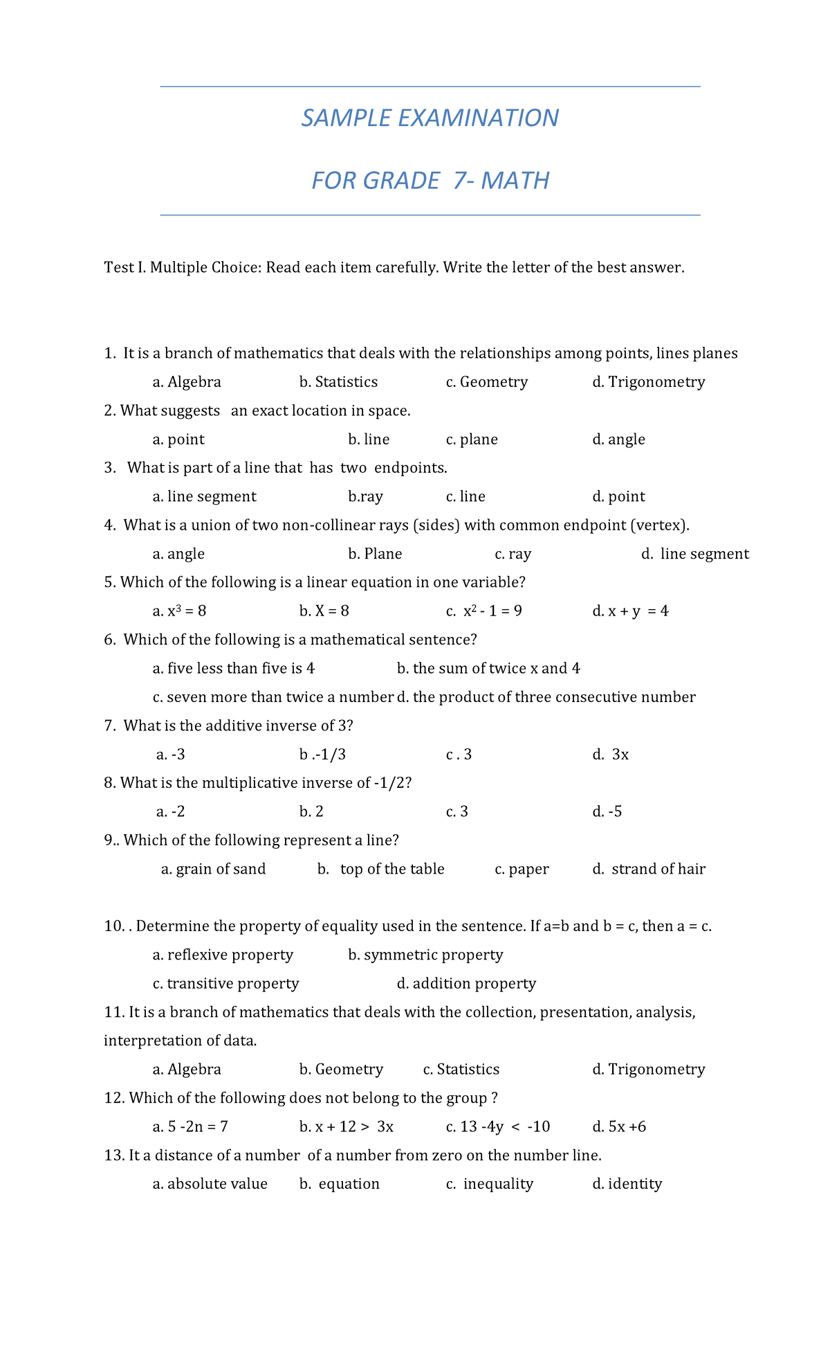 Sample Periodic Test for Grade 7 - SAMPLE EXAMINATION FOR GRADE 7- MATH ...