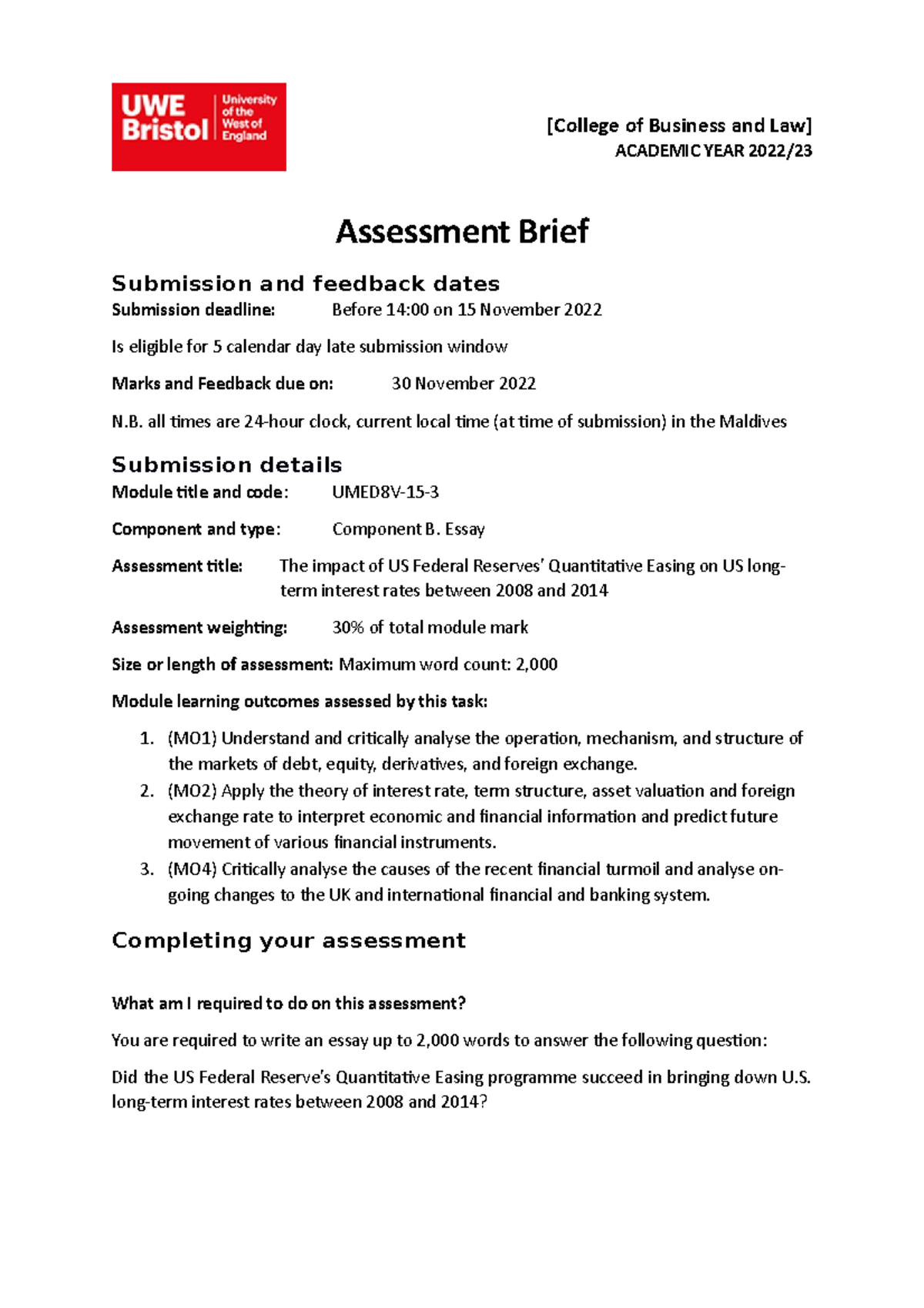 Assessment brief 2022-23 EIFM - [College of Business and Law] ACADEMIC YEAR 2022/ Assessment ...