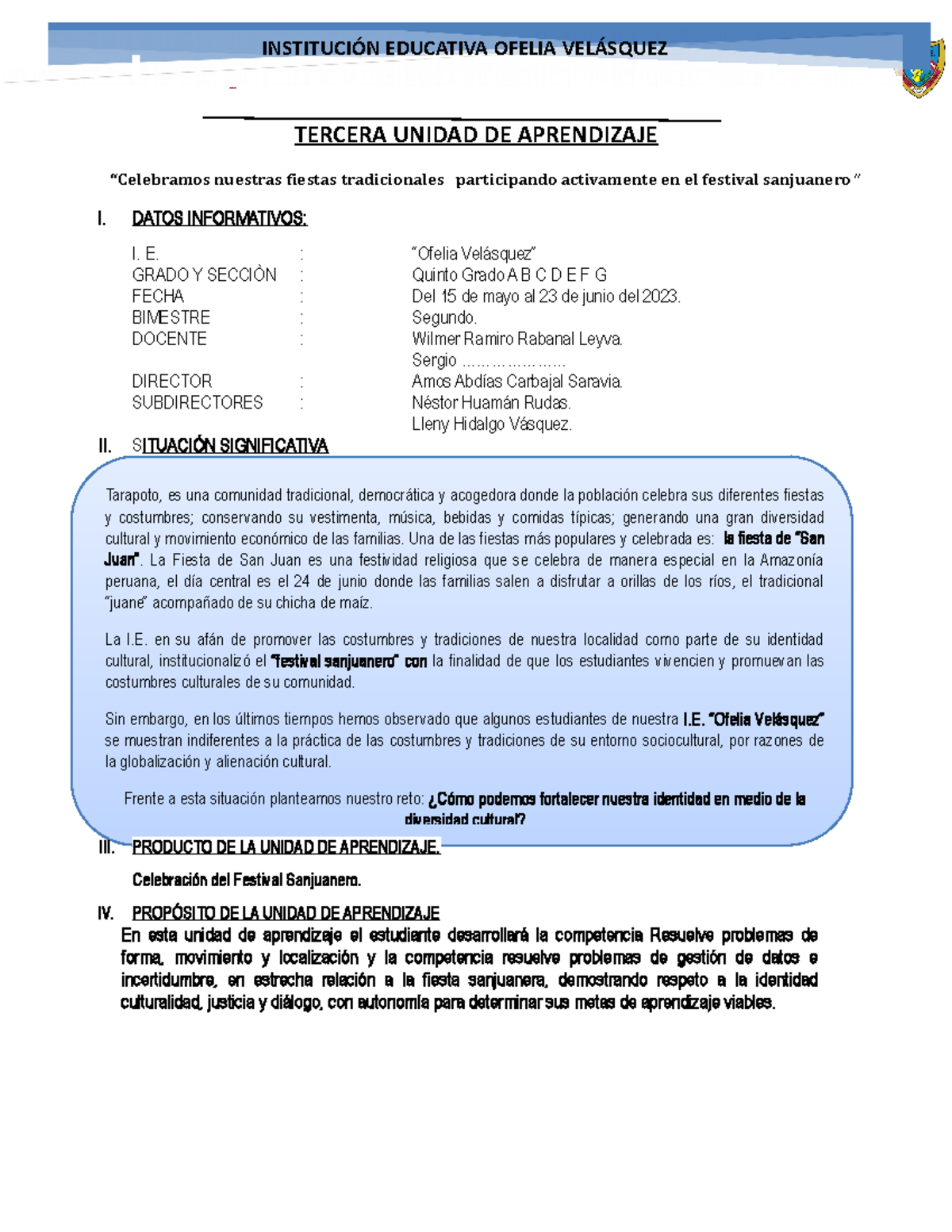 Unidad 3 - asdasdasdasdas - TERCERA UNIDAD DE APRENDIZAJE “Celebramos ...