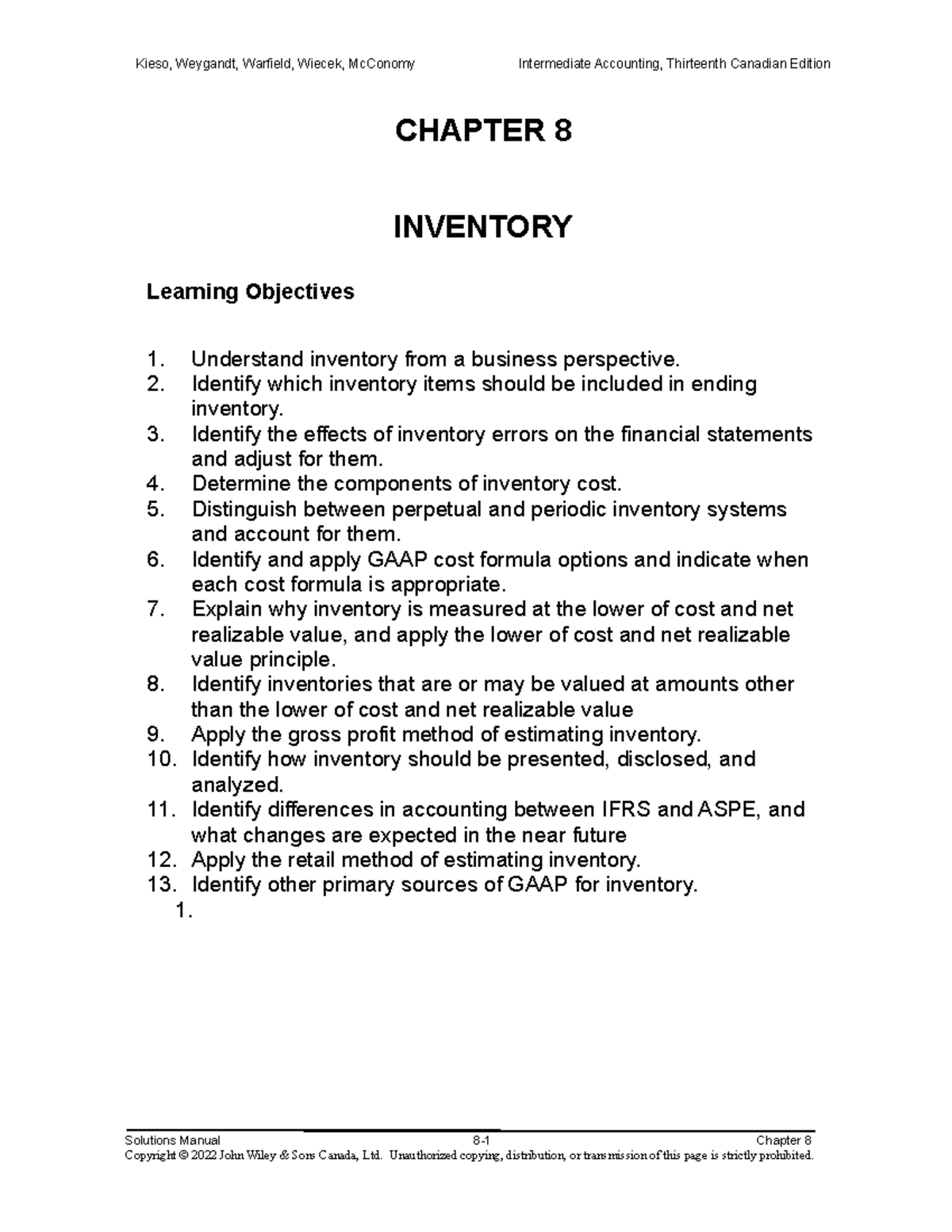 Sm08 - sm 08 - CHAPTER 8 INVENTORY Learning Objectives 1. Understand ...