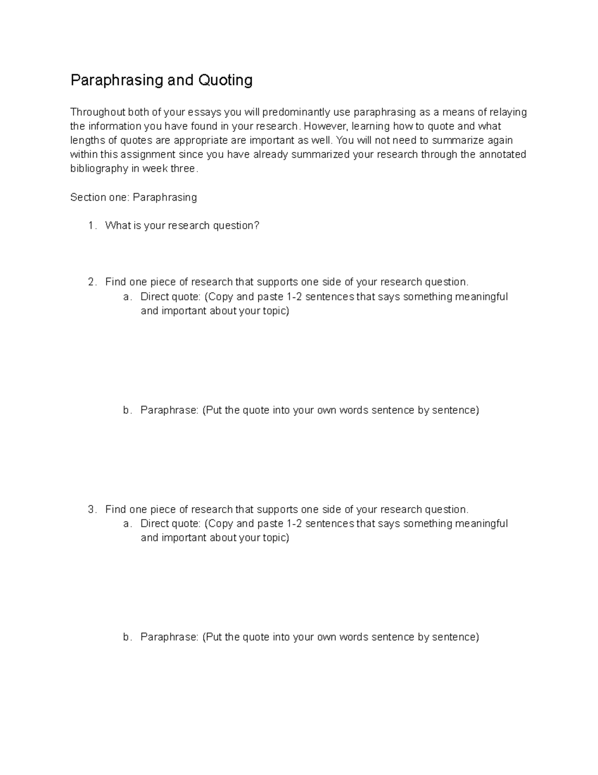 Paraphrasing, Summarizing, and Quoting Assignment - Paraphrasing and ...