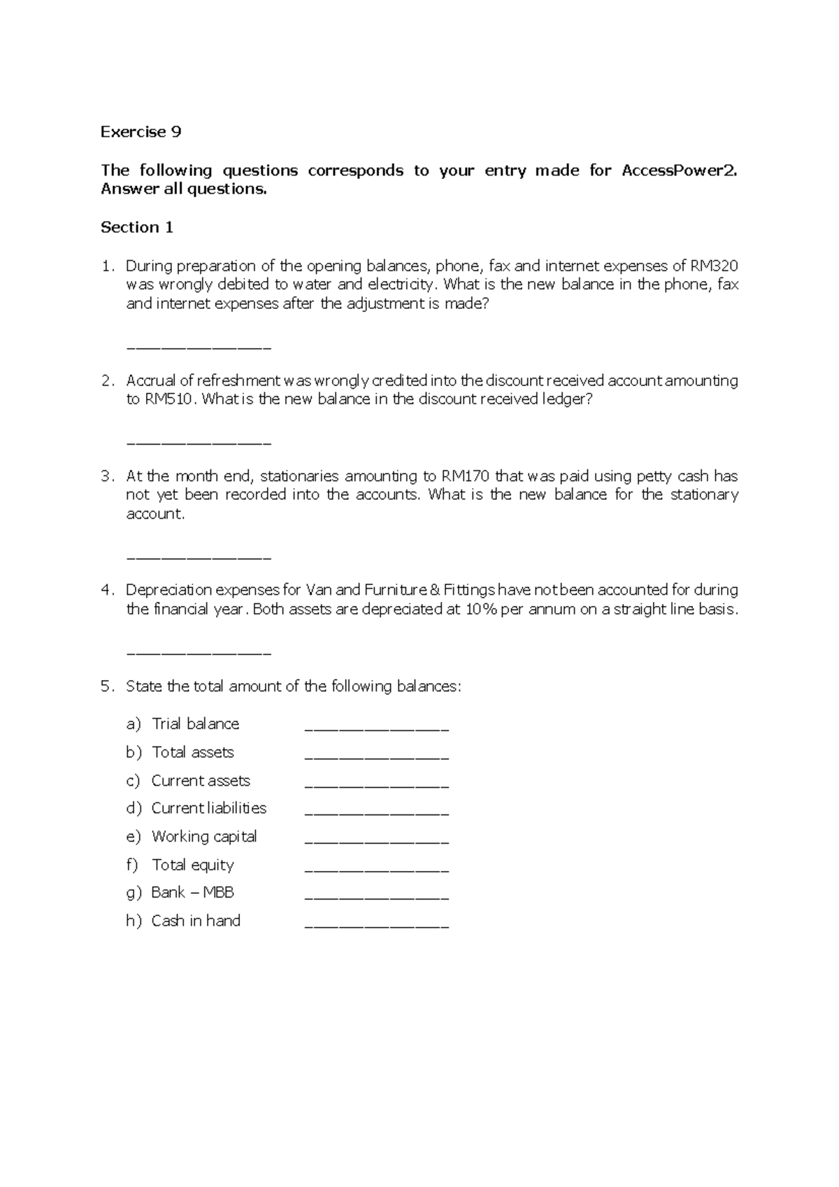 Exercise 9 - TUTORIAL QUESTIONS FOR UBS ACCOUNTING - Exercise 9 The ...