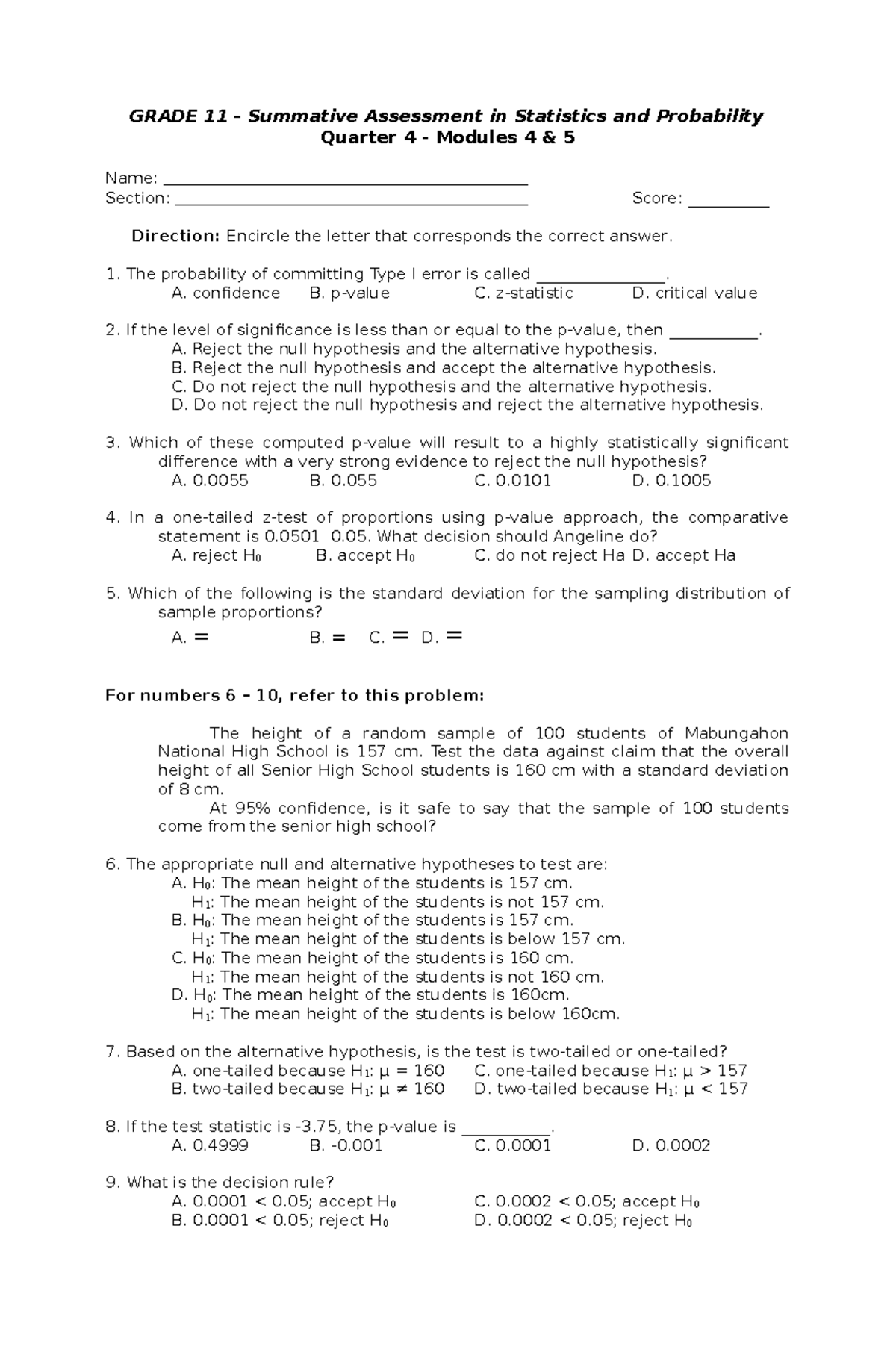 Statistics and Probability 11 Q4 Summa 4,5 - Education - Studocu