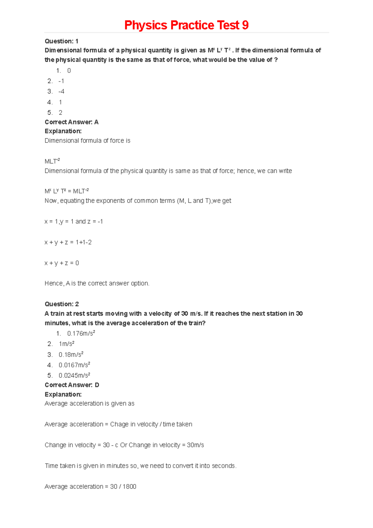 Physics Practice Test 09 - If the dimensional formula of the physical ...