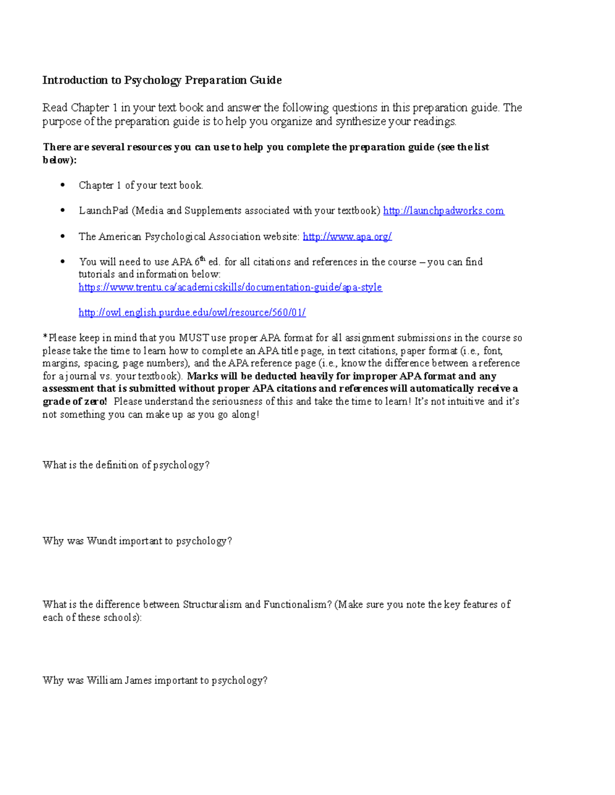 Mod 1 Introduction to Psychology Preparation Guide Ch 1 - Introduction ...