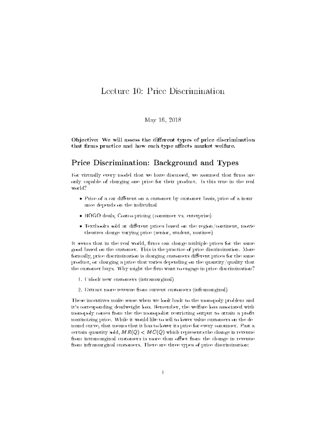 Lecture 10 - Le ture 10: Pri e Dis rimination May 16, 2018 Obje tive ...