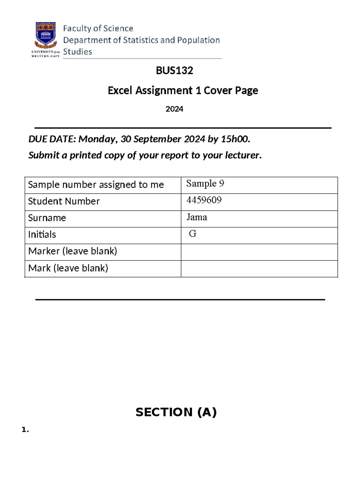 BUS Assignment (4459609) - BUS Excel Assignment 1 Cover Page 2024 DUE ...