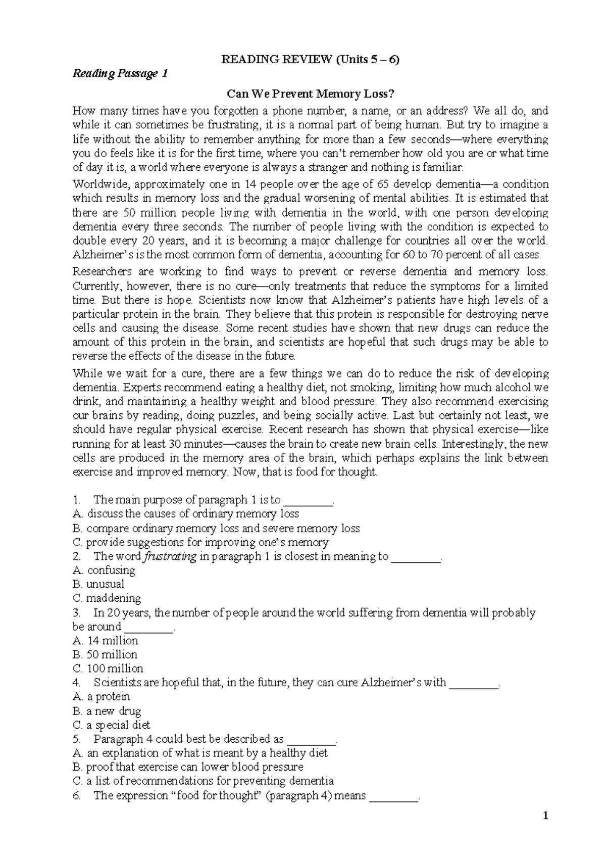 Reading review units 5-6 - 1 READING REVIEW (Units 5 – 6 ) Reading ...