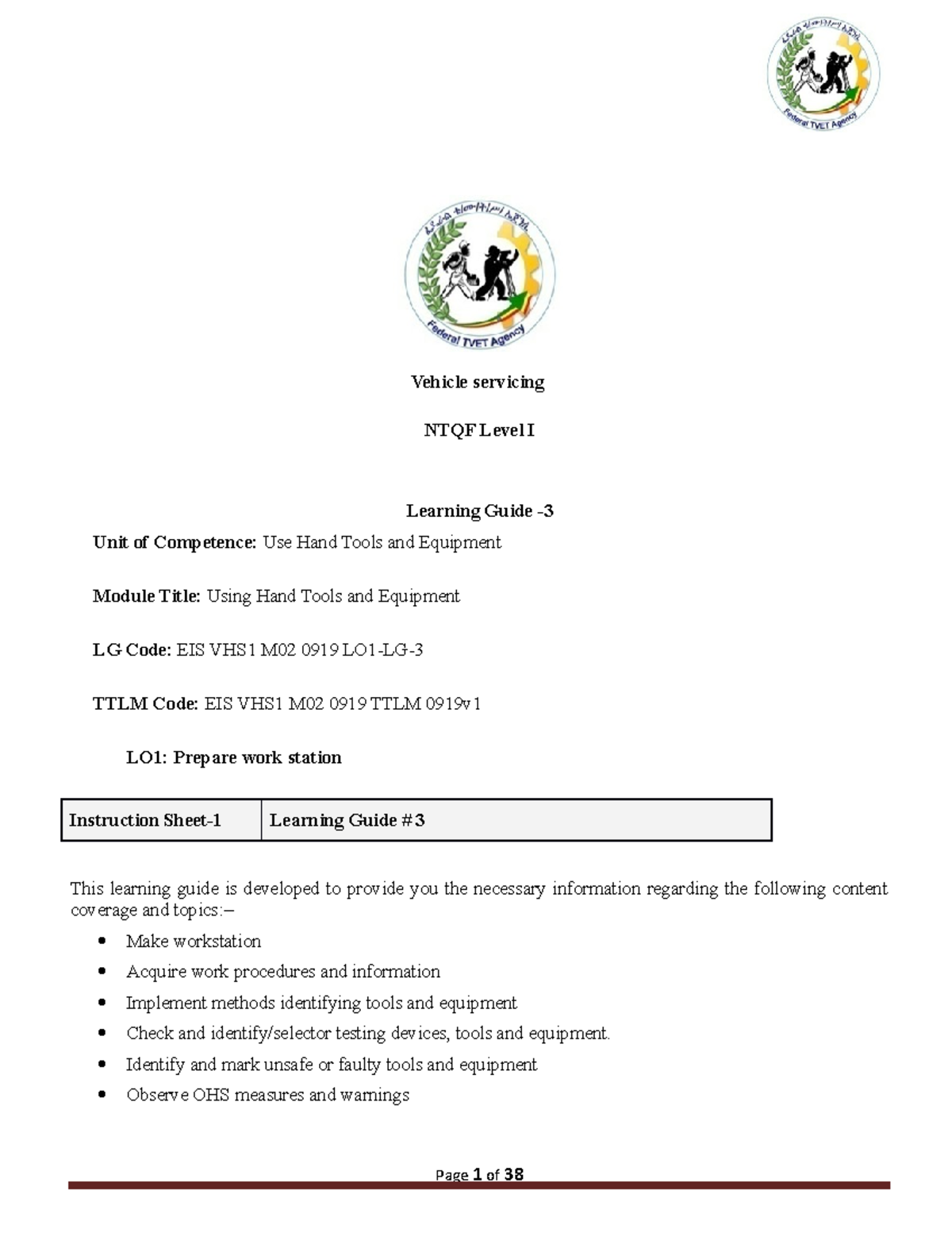 MO2 - Lecture notes of DMU - Vehicle servicing NTQF Level I Learning ...
