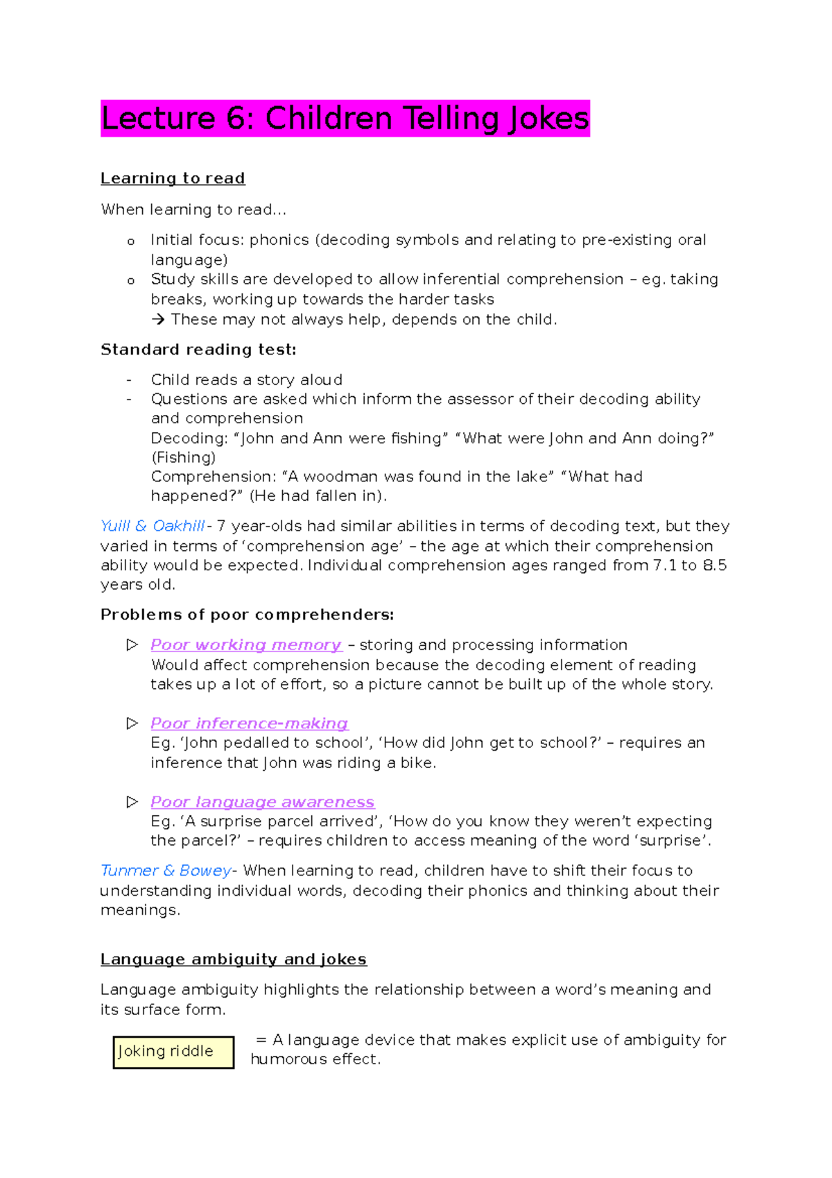 Lecture 6- Children Telling Jokes - Lecture 6: Children Telling Jokes ...