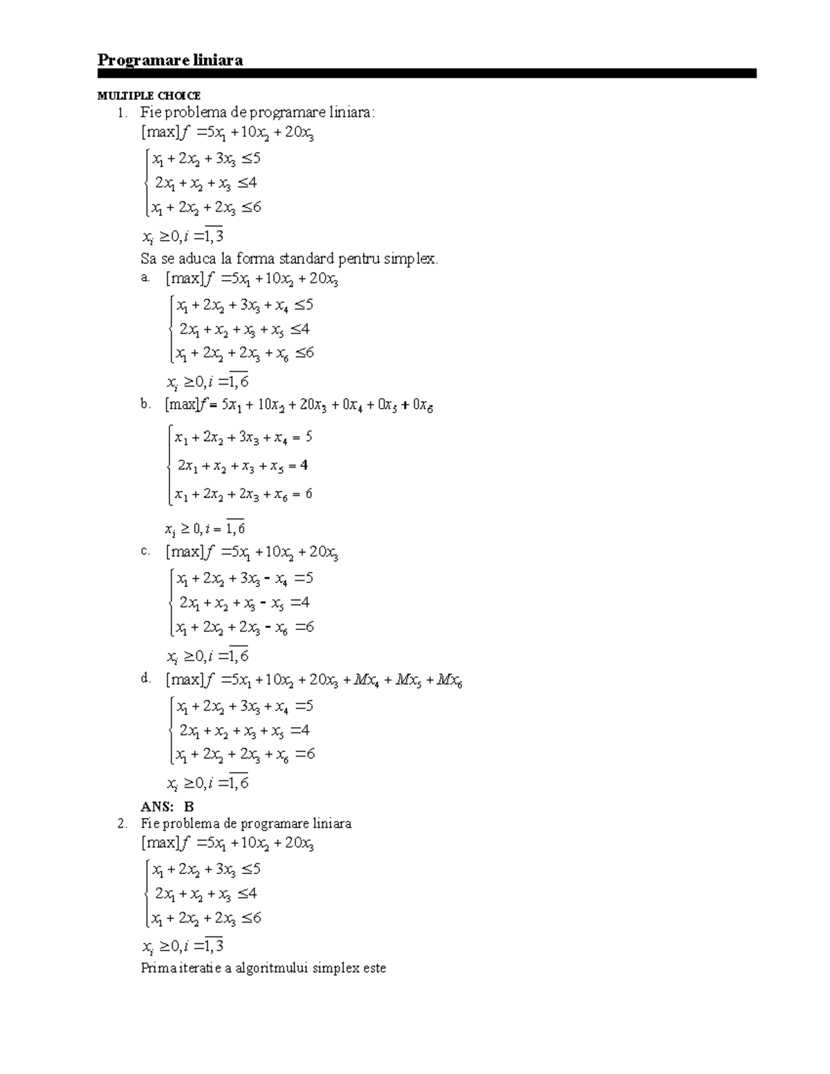 11287035- Programare- Liniara - Programare liniara MULTIPLE CHOICE 1 ...