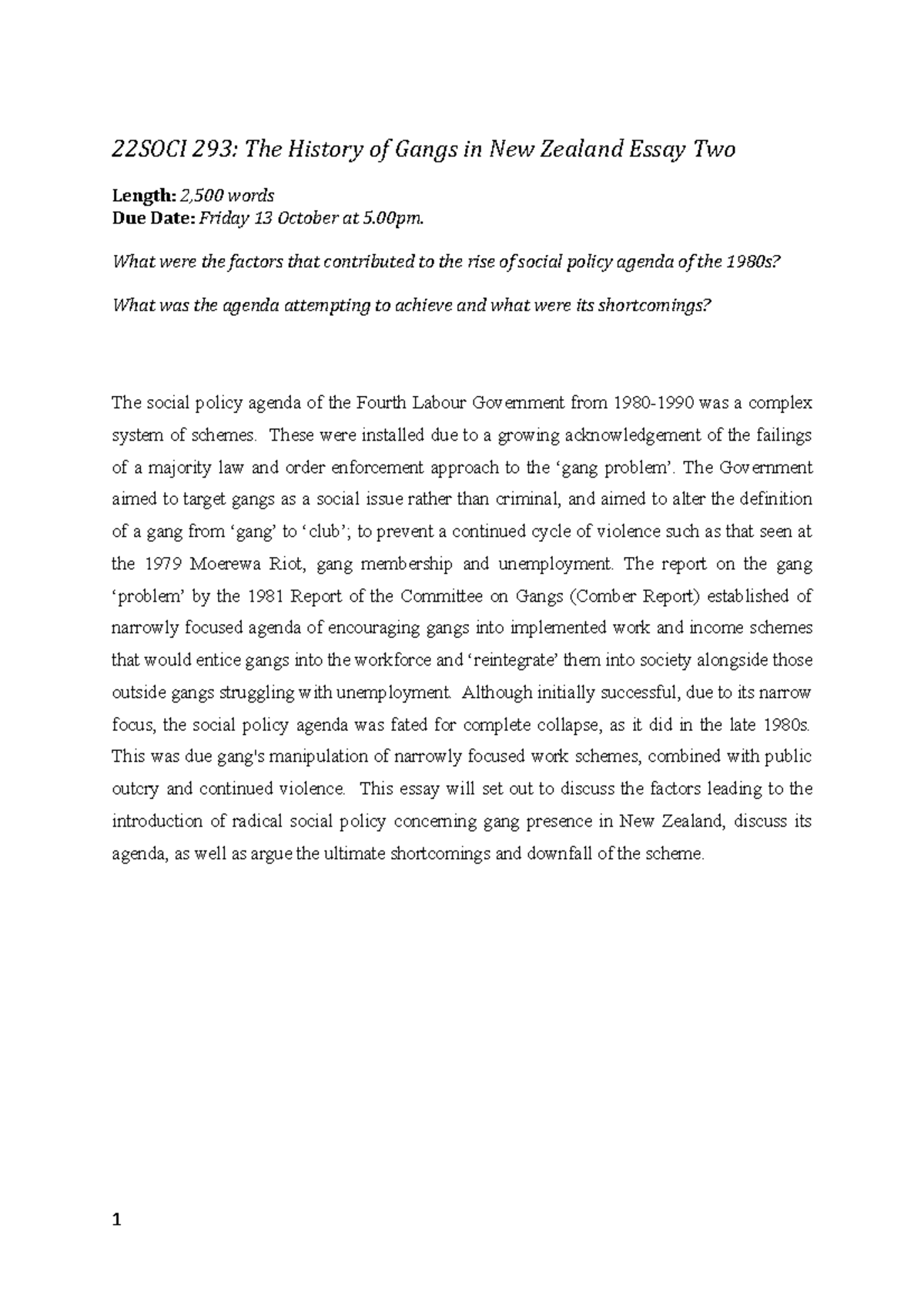 1st soci293 - essay anon - 22SOCI 293: The History of Gangs in New ...