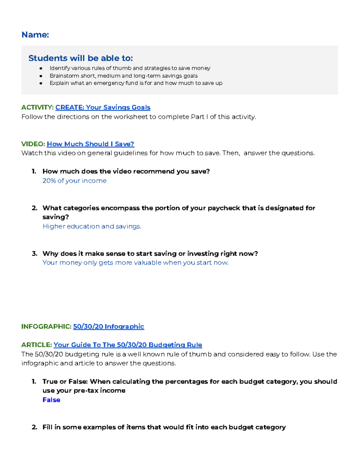 Strategies to Save Student Activity Packet - Name: Students will be ...