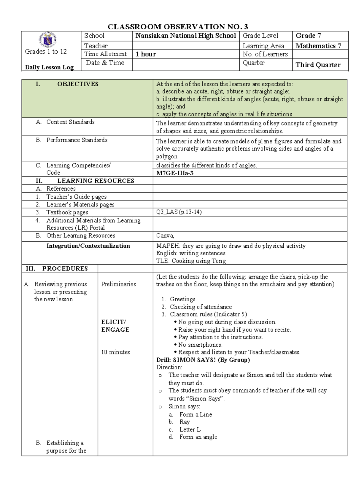 Classifies the different kind of angles - CLASSROOM OBSERVATION NO. 3 ...
