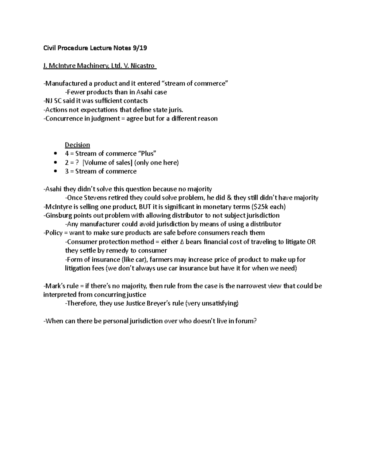 Civil Procedure Lecture Notes 919 Mcintyre Machinery Ltd V Nicastro Manufactured A 