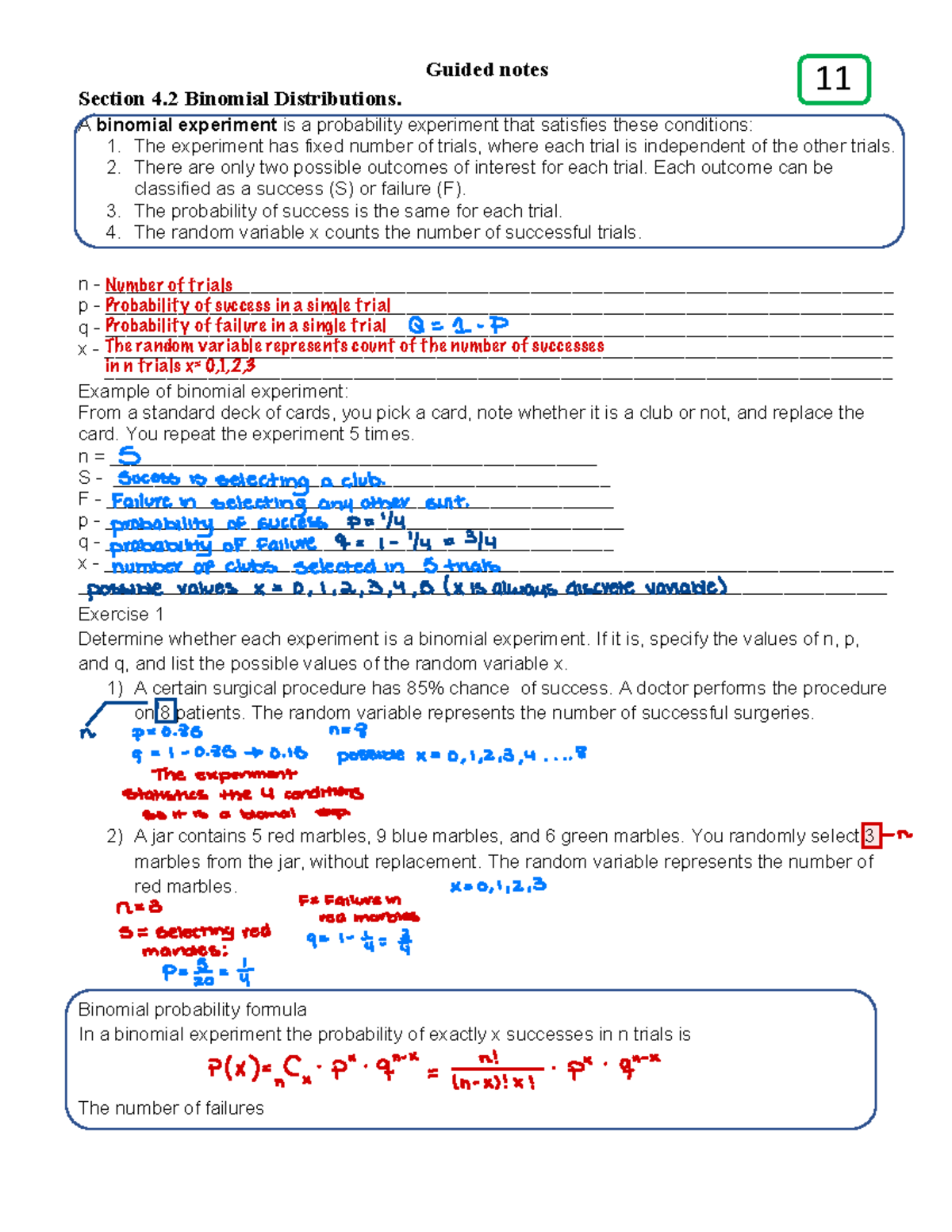 Lesson 11 - Guided notes Section 4 Binomial Distributions. A binomial ...