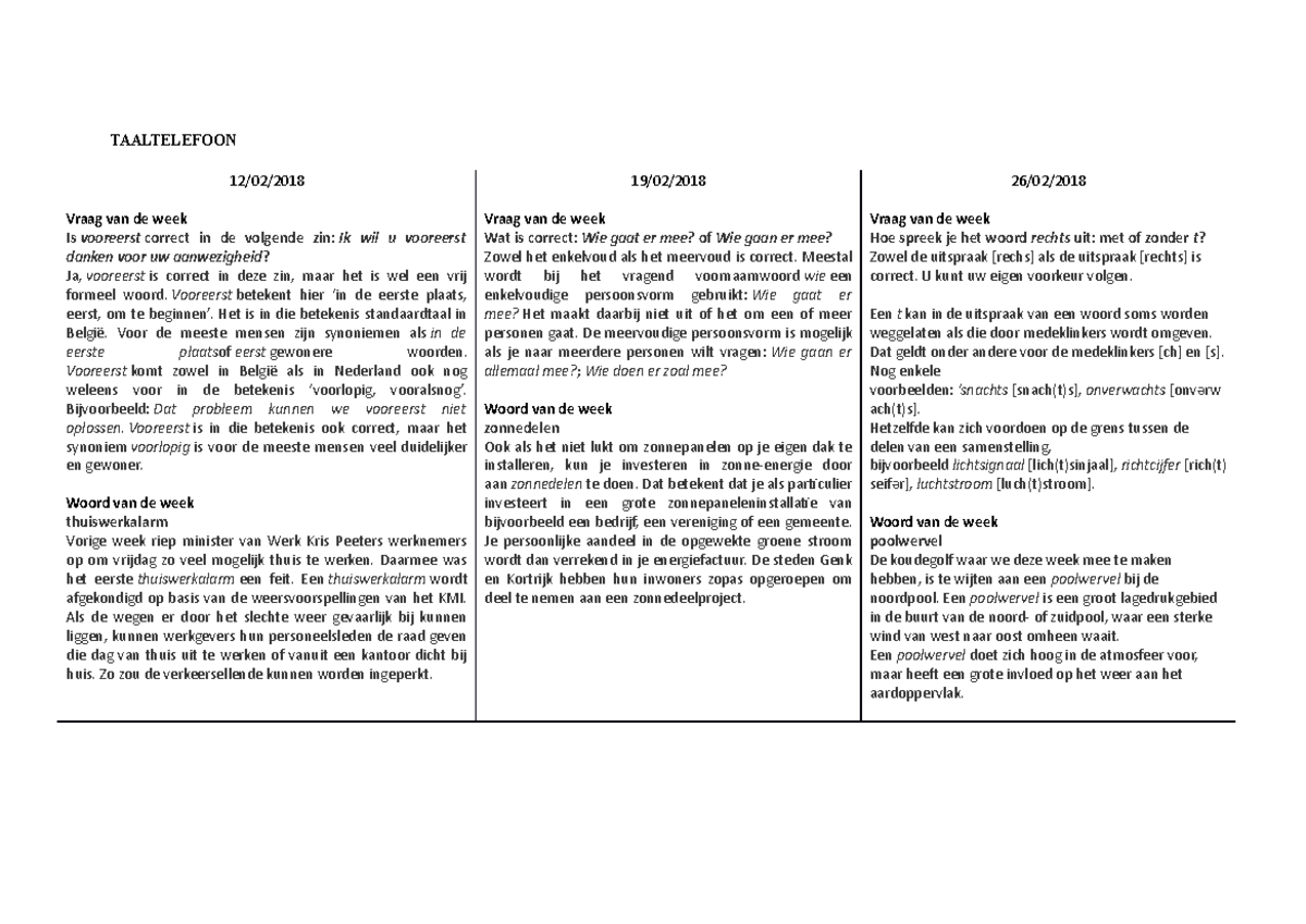 Taalmails semester 2 - TAALTELEFOON 12/02/2018 19/02/2018 Vraag van de ...