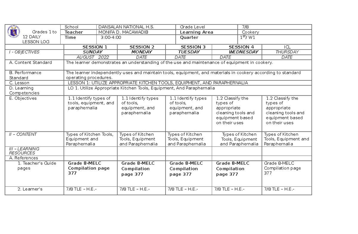 DLL-in-Cookery - DLL - Grades 1 to 12 DAILY LESSON LOG School DANSALAN ...