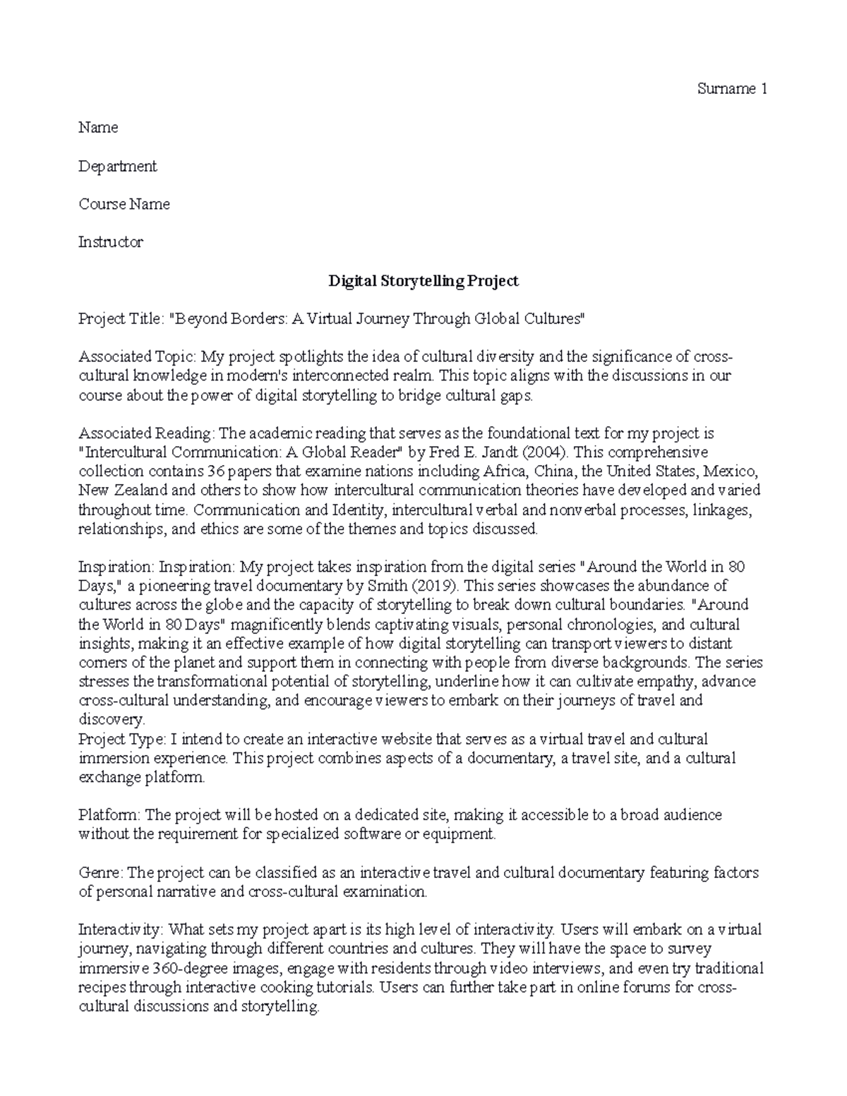 Digital Storytelling Project - Surname 1 Name Department Course Name ...