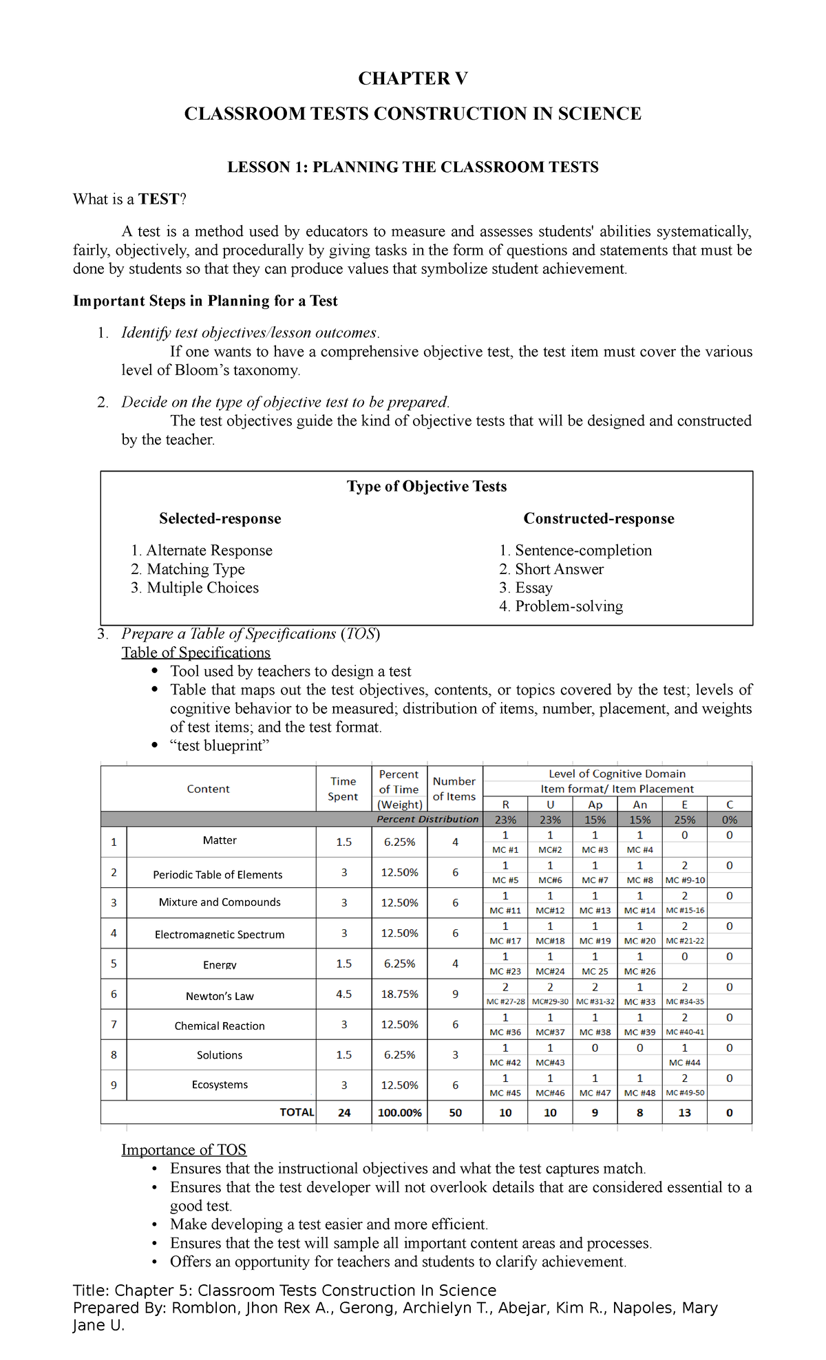 [SCI118] Chapter 5 - Classroom Tests Construction in Science - CHAPTER ...