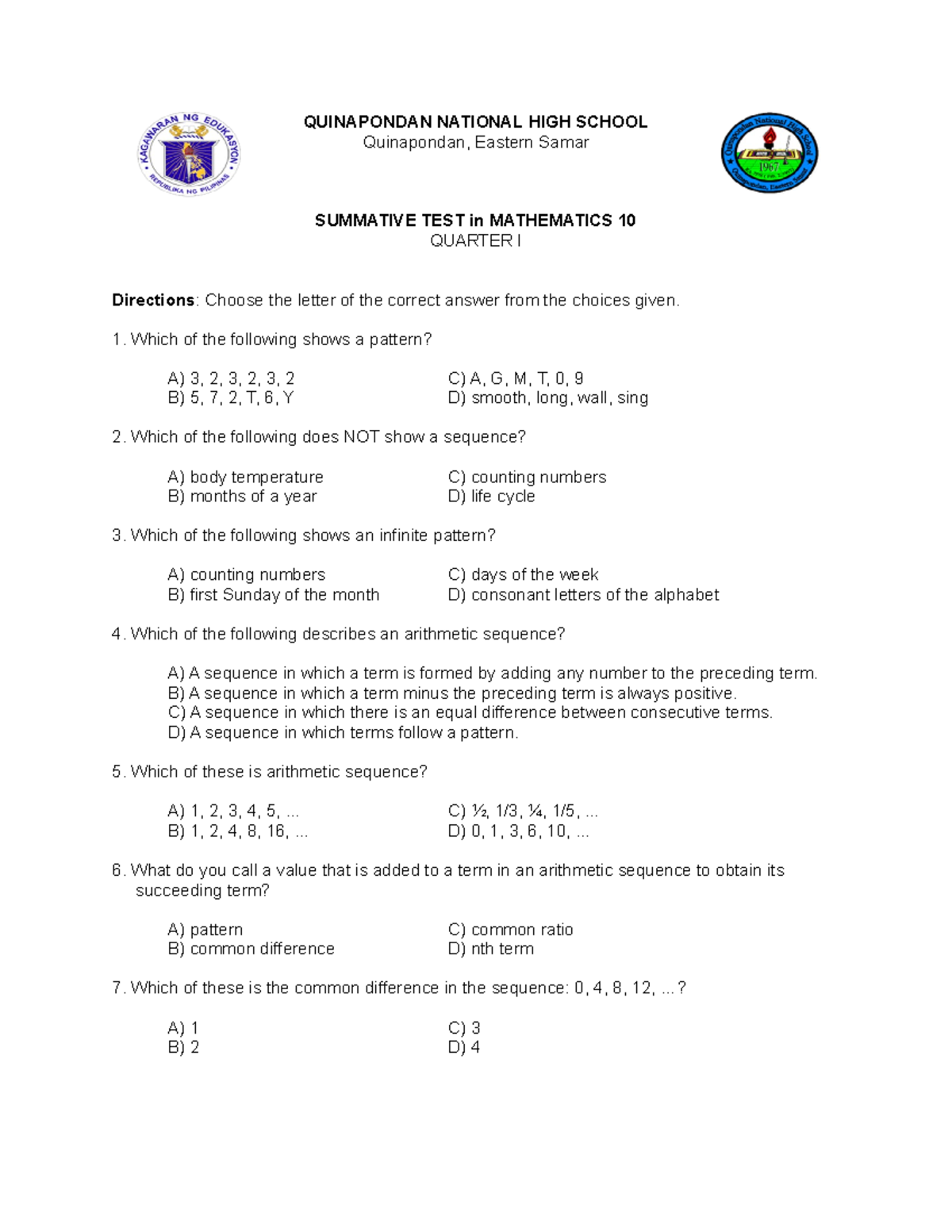 Summative Exam in Grade 10 Math Quarter 1 - QUINAPONDAN NATIONAL HIGH ...