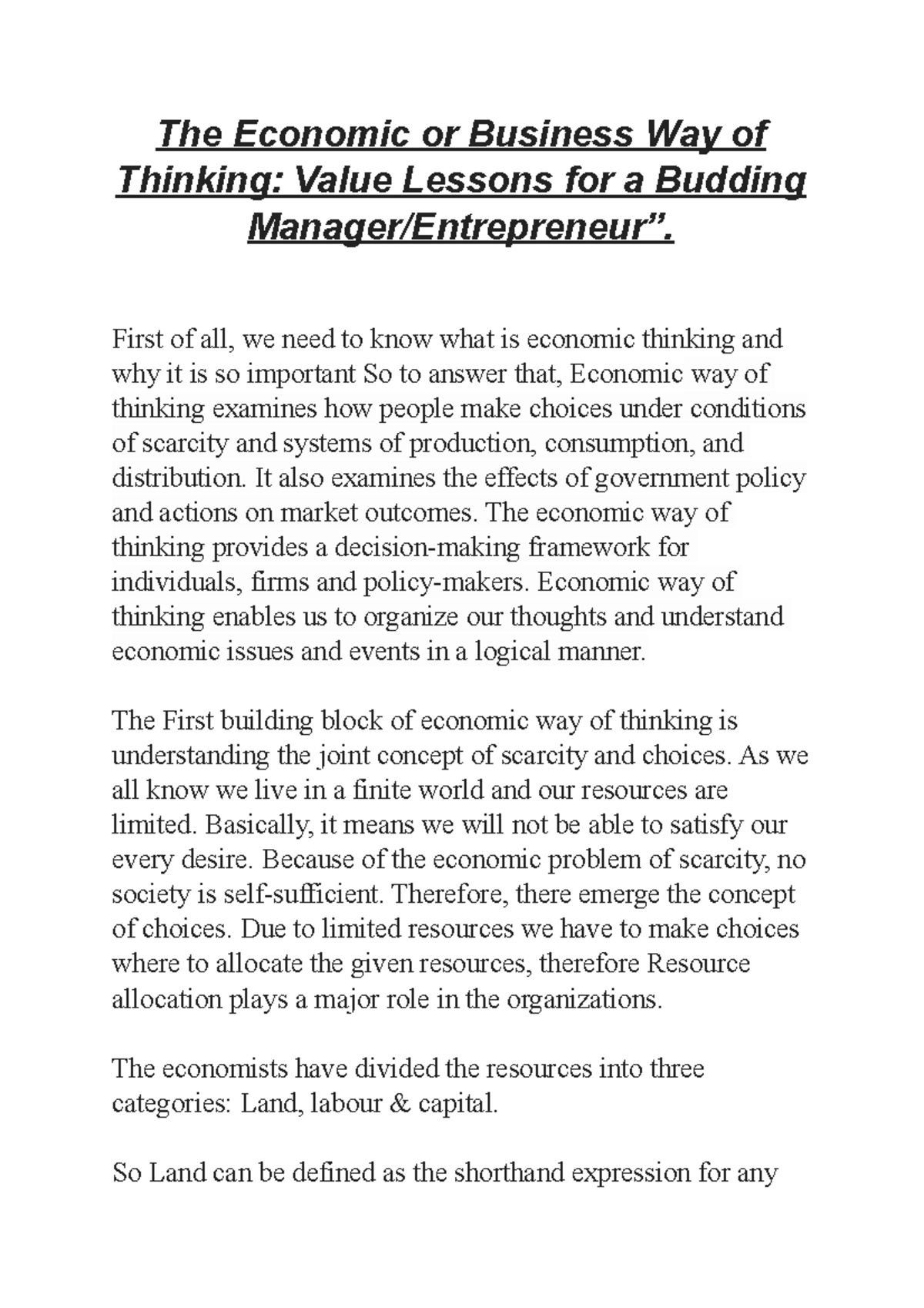 Business economics report three - The Economic or Business Way of ...