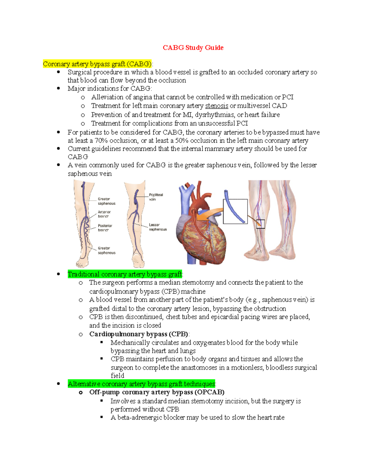 CABG Study Guide (240) - Coronary Artery Bypass Graft - CABG Study ...
