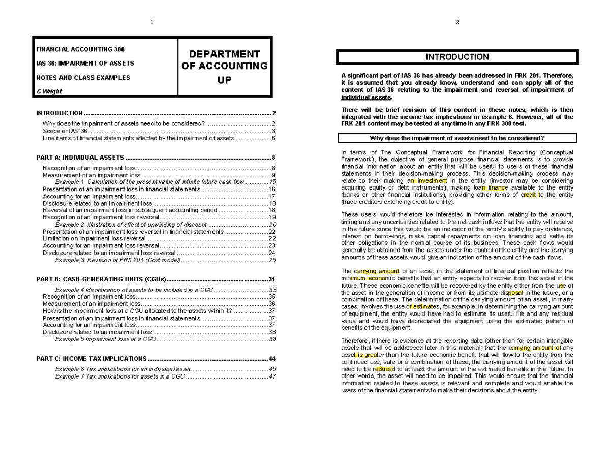 IAS36 Notes And Class Examples FINANCIAL ACCOUNTING 300 IAS 36