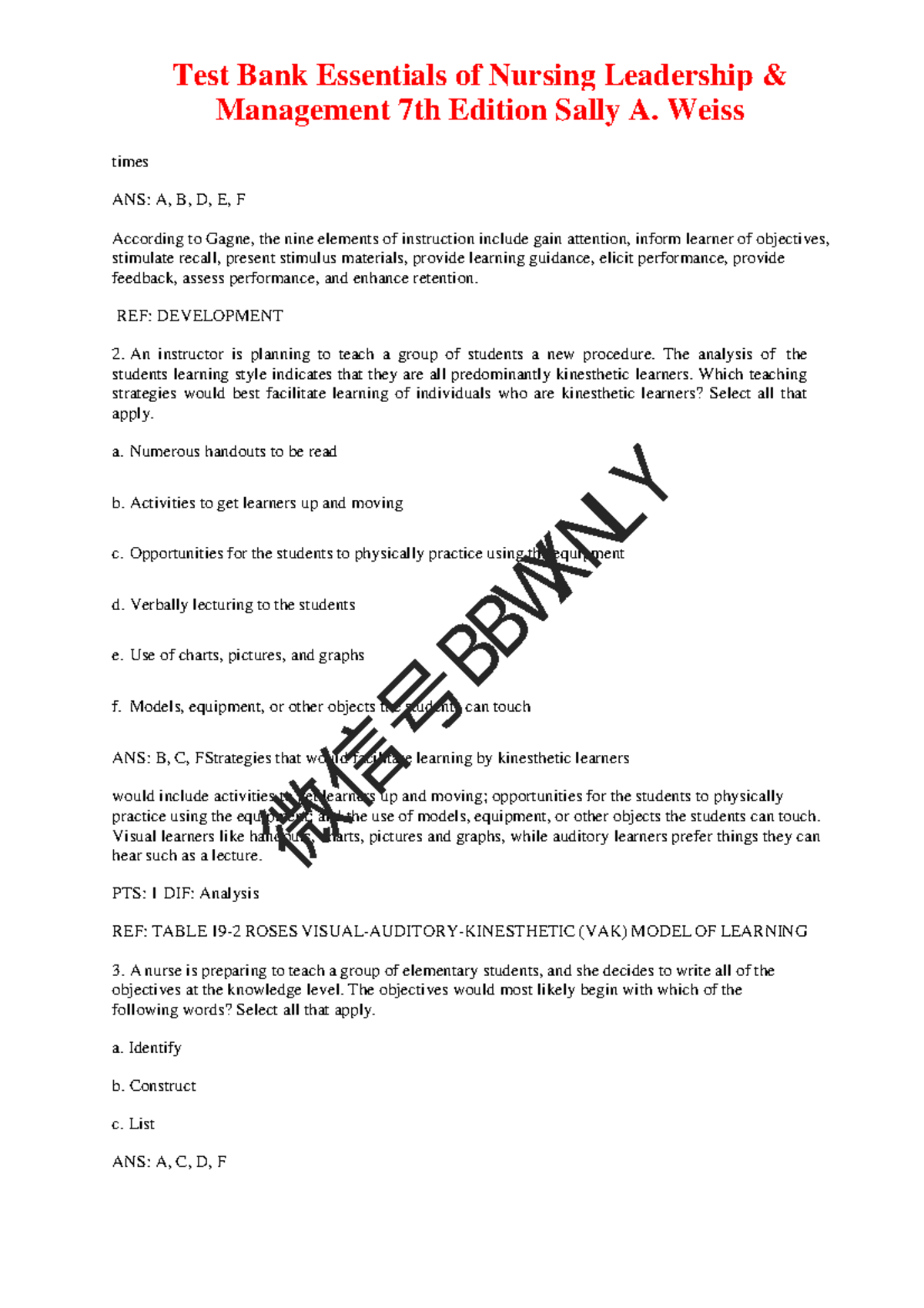 Test bank essentials of nursing leadership management 7th edition sally ...