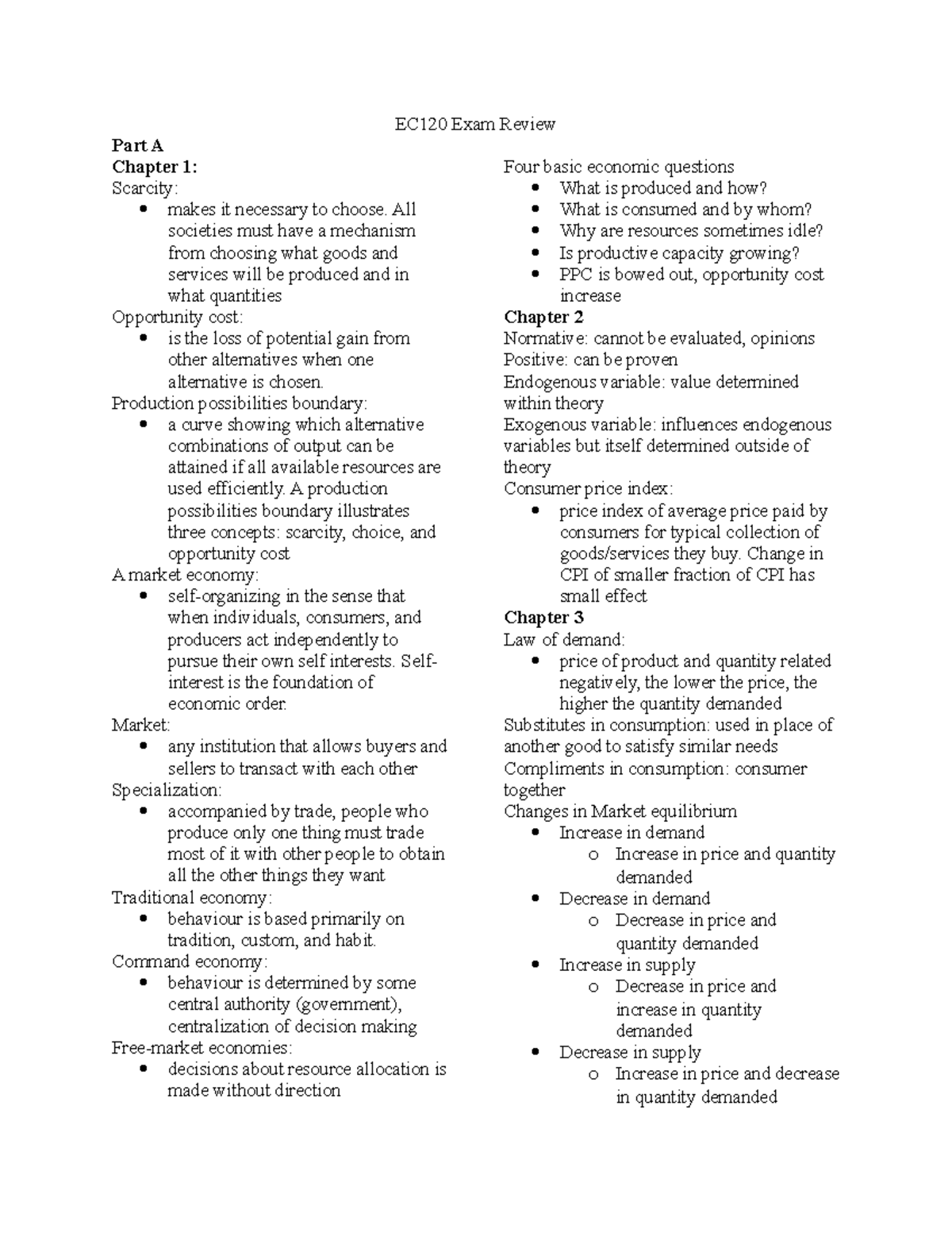 EC120 Exam Review 2021 - EC120 Exam Review Part A Chapter 1: Scarcity ...
