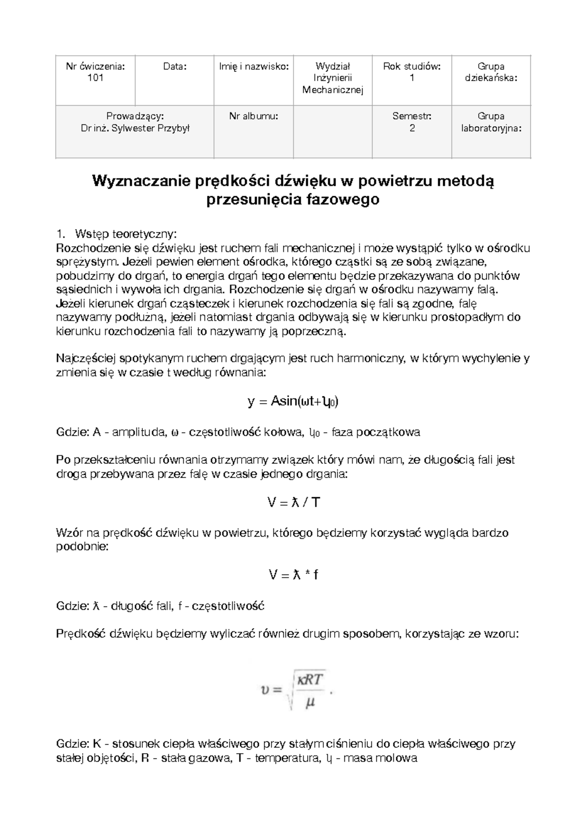 Fizyka 101 - Wyznaczanie prędkości dźwięku w powietrzu metodą przesunięcia fazowego Wstęp - Studocu